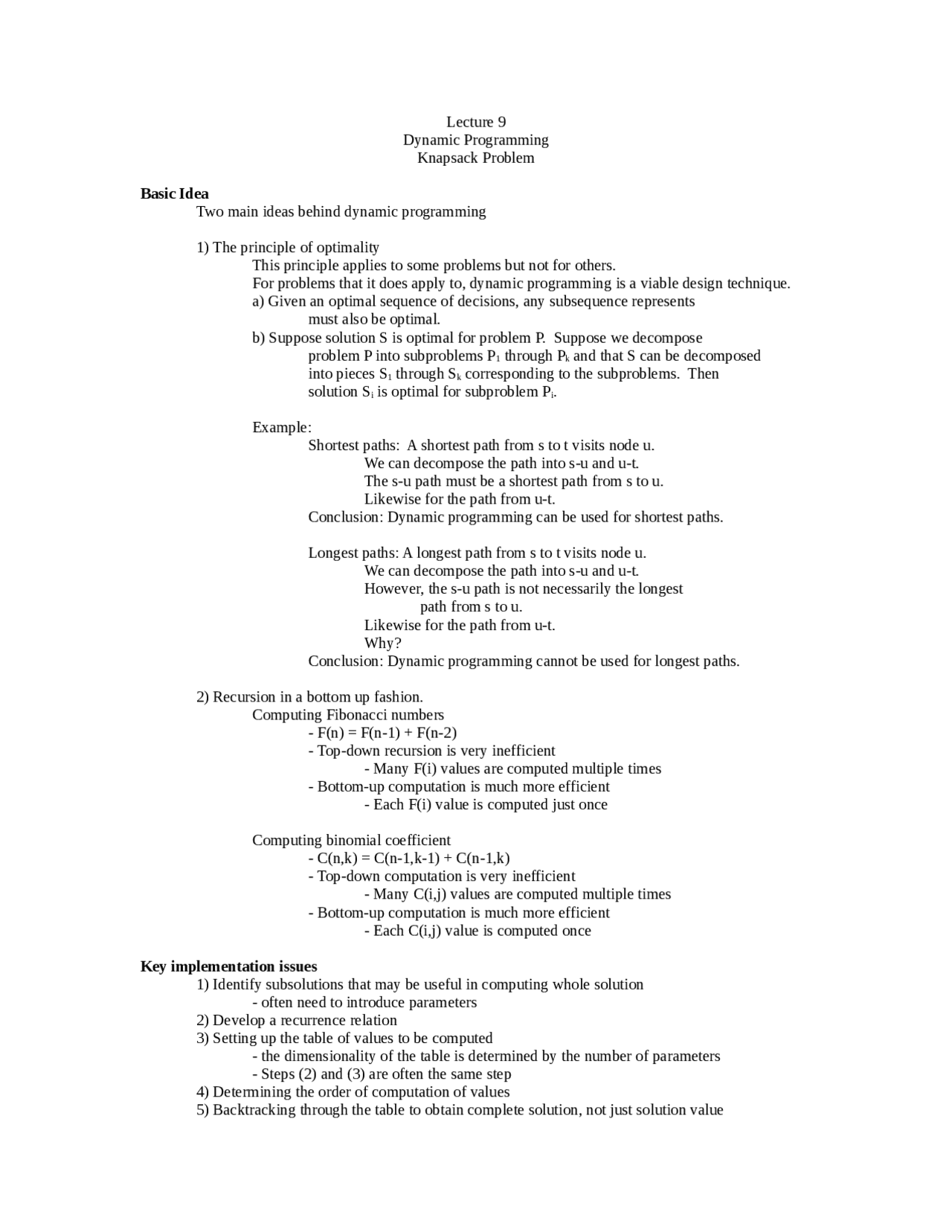 Dynamic Programming Knapsack Problem - Lecture Notes | CSE 830 - Docsity