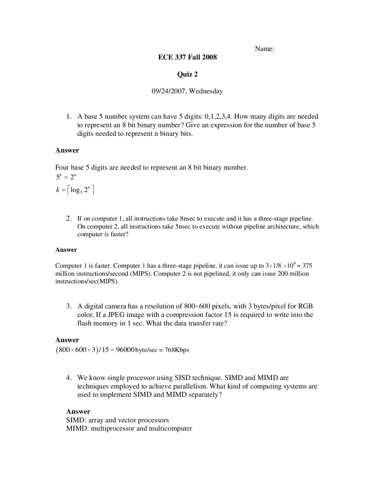 Quiz 2 With Answers Computer Organization And Architecture Ece 337
