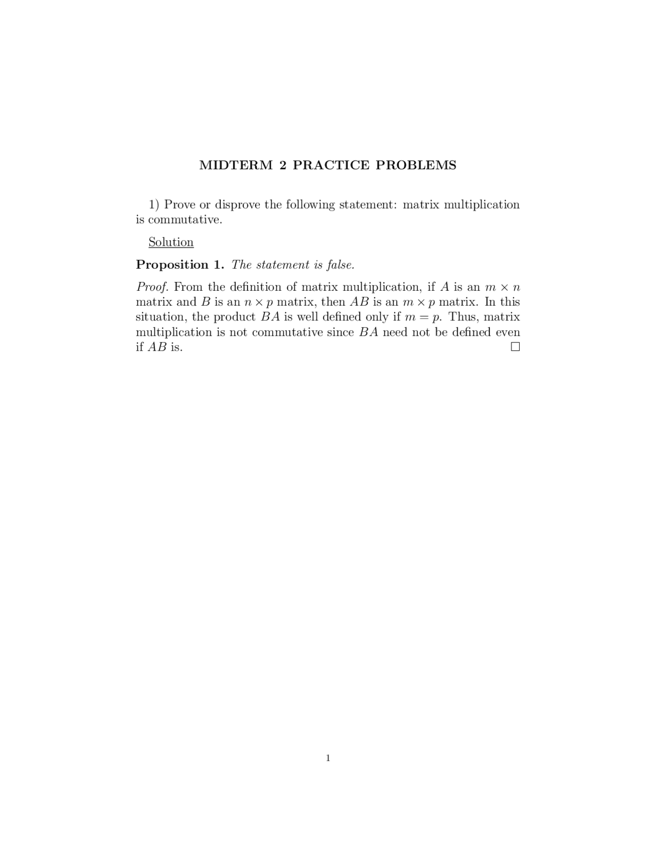 Midterm 2 Practice Problems With Solution Elementary Linear Algebra