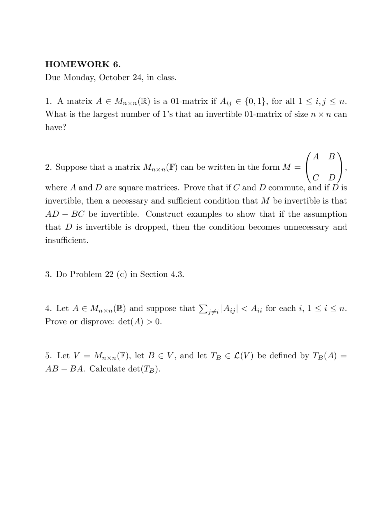 Linear Algebra - Sample Problems for Assignment 6 | MATH 5300 - Docsity