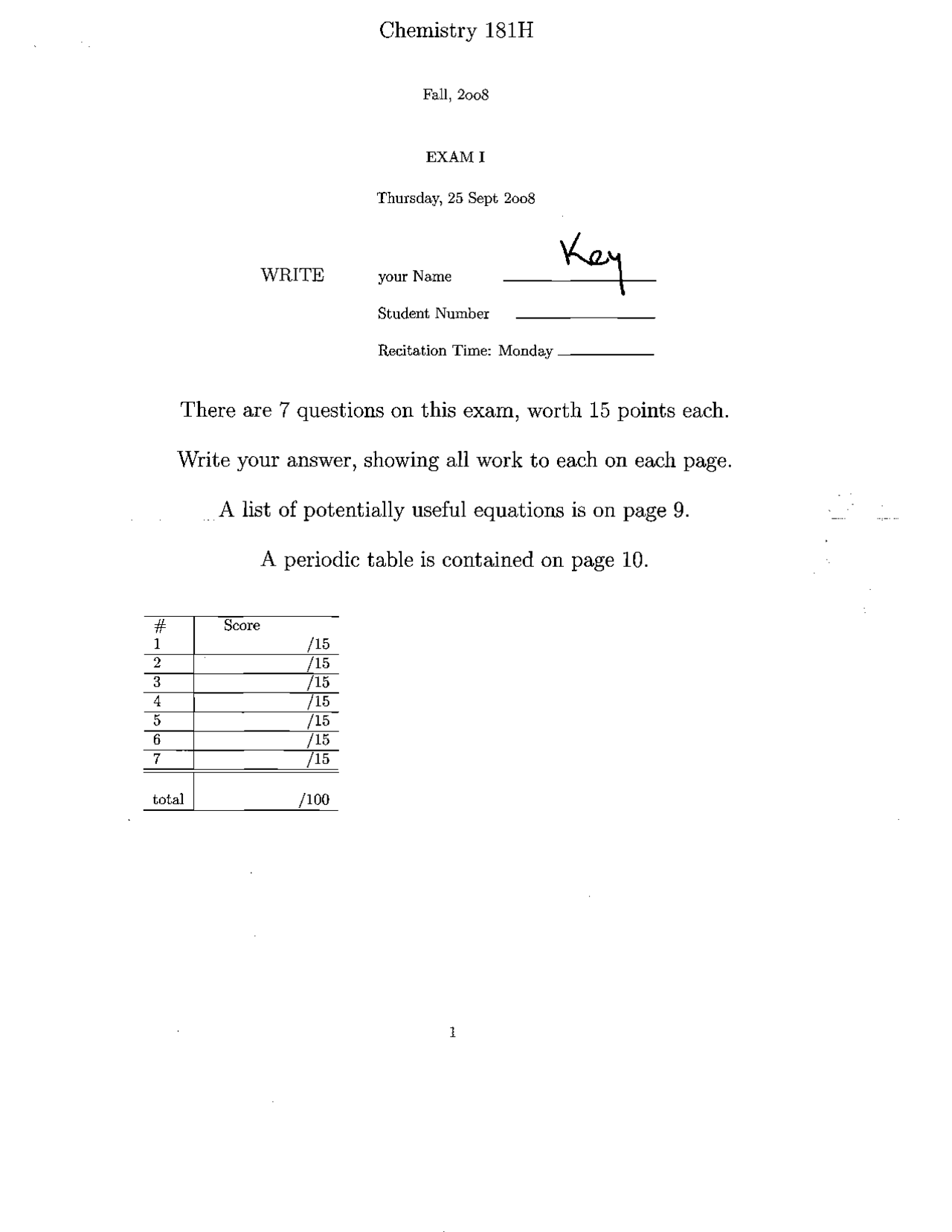 7 Solved Questions On Honors Chemistry I Exam 1 Cem 181h Docsity