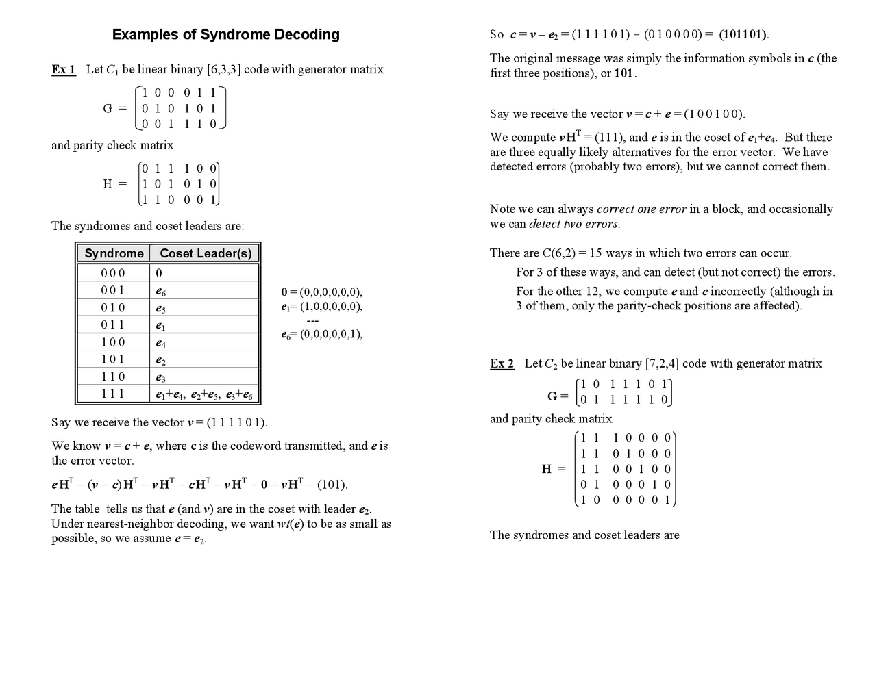 Examples Of Syndrome Decoding Codes And Cryptography Mcs 425 Docsity