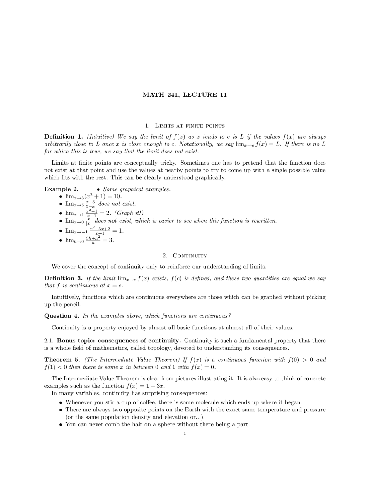 Limits at Finite Points - Lecture Notes | MATH 241 | Study notes ...