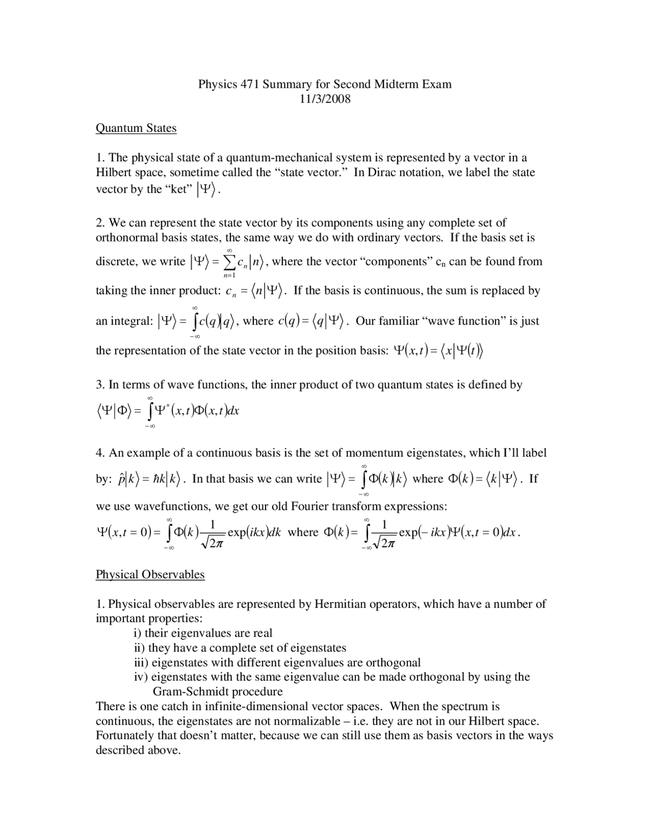 Summary For Second Midterm Exam Quantum States Phy 471 Docsity