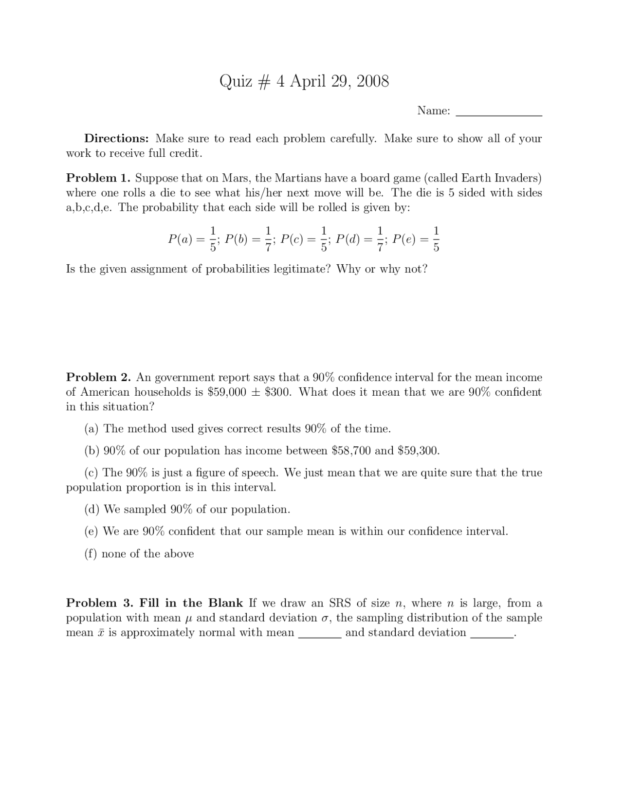 What is Earth Invaders - Quiz 4 | MATH 243 - Docsity