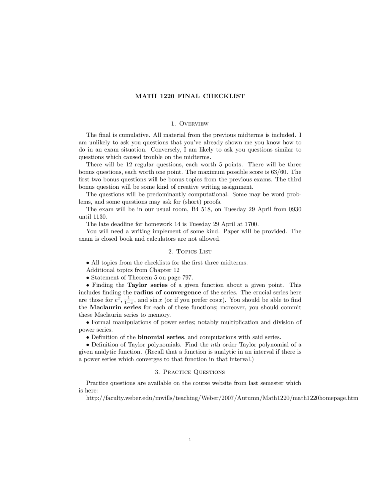Final Exam Checklist Calculus Ii Math 1220 Docsity
