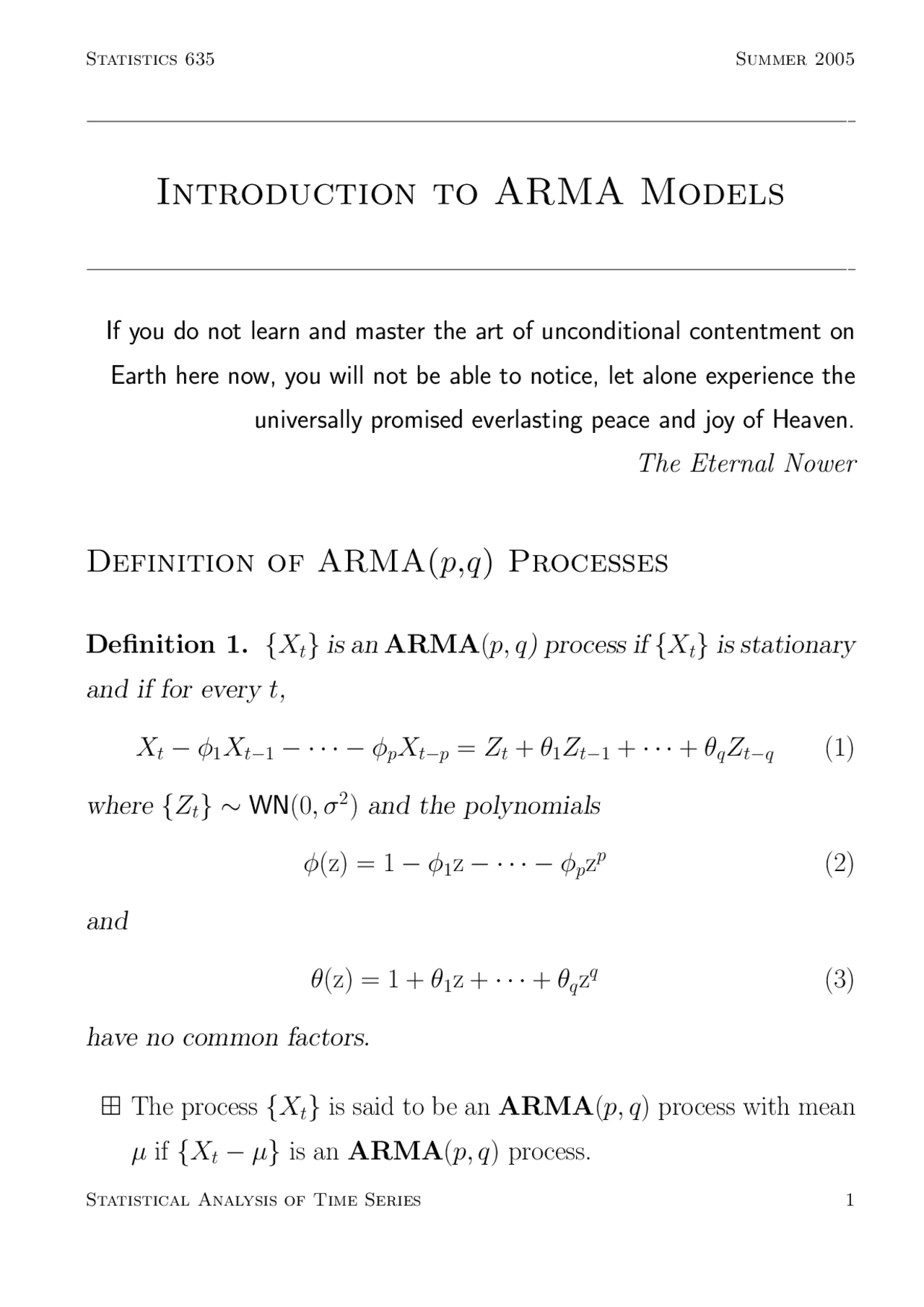 Introduction to ARMA Models - Statistical Analysis of Time Series ...