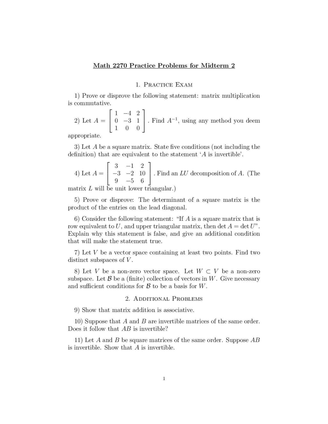 Practice Problems For Midterm 2 Elementary Linear Algebra Math 2270