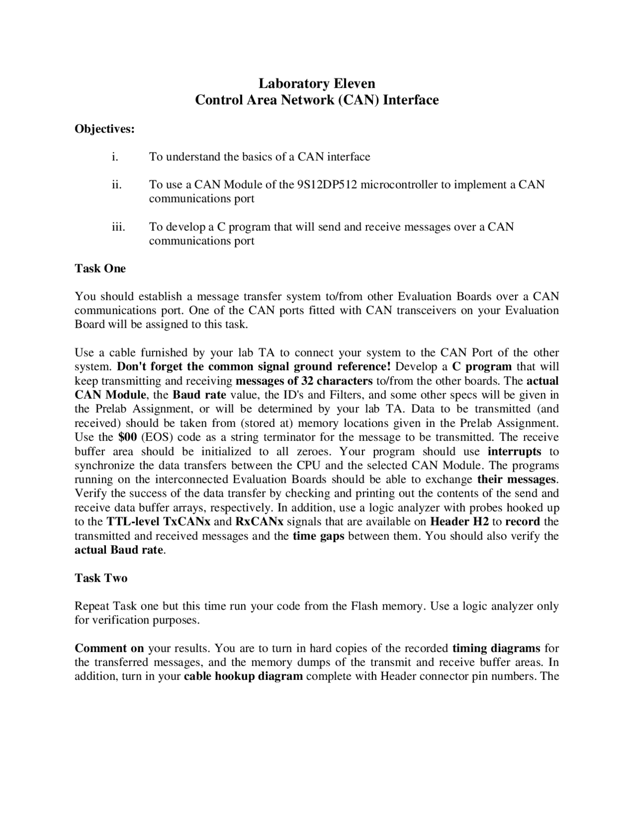 Laboratory Eleven Control Area Network Interface Ece 4510 Docsity