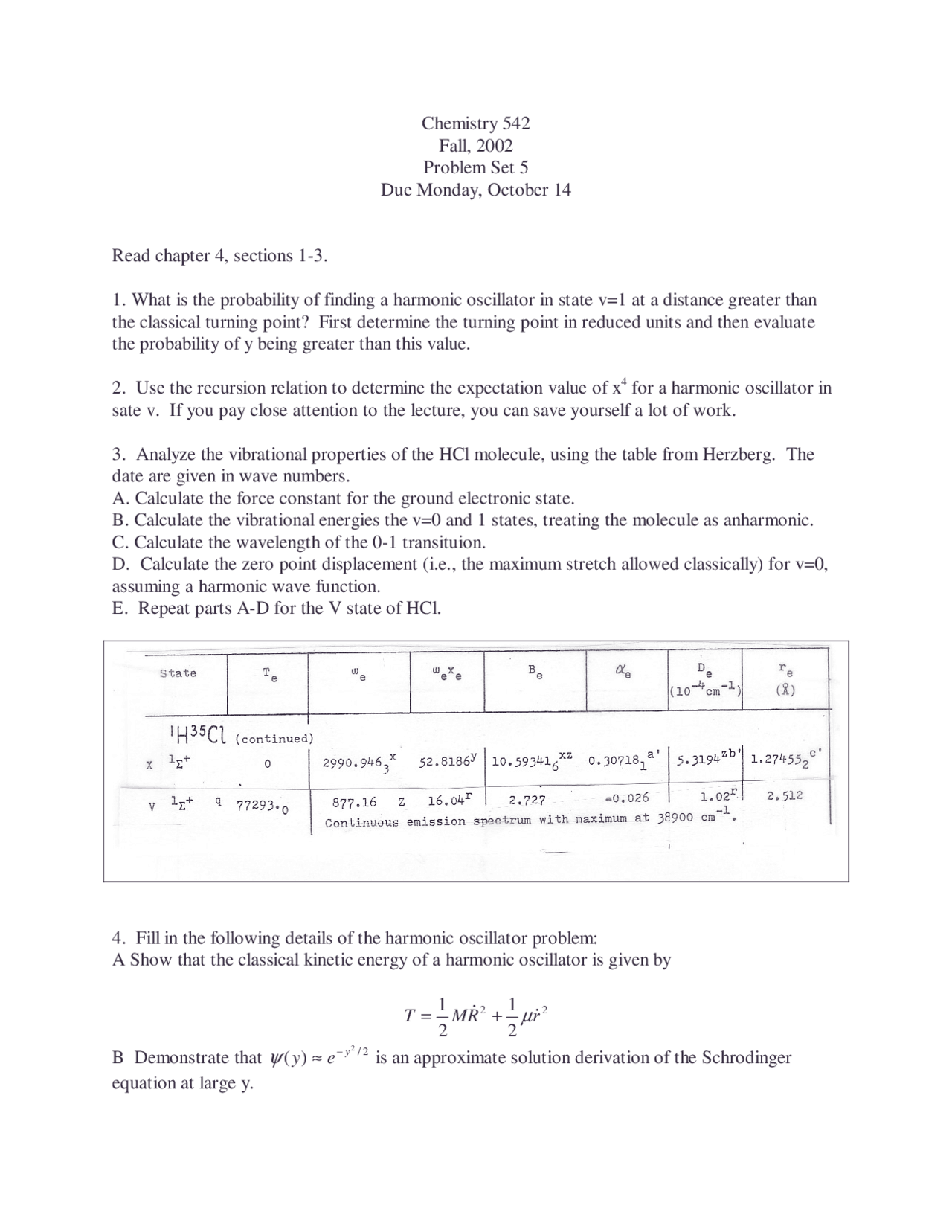 Problem Set 5 for Chemistry 542, Fall 2002 | Assignments Quantum Mechanics | Docsity