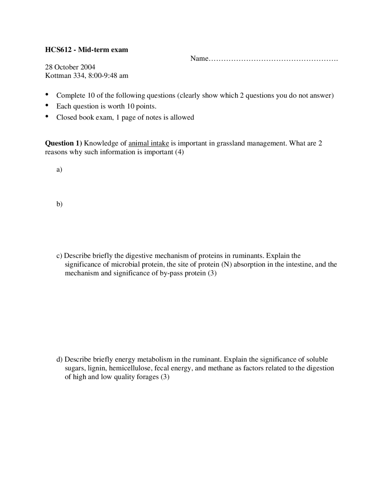 Principles Of Grassland Management Midterm Exam Hcs 612 Docsity