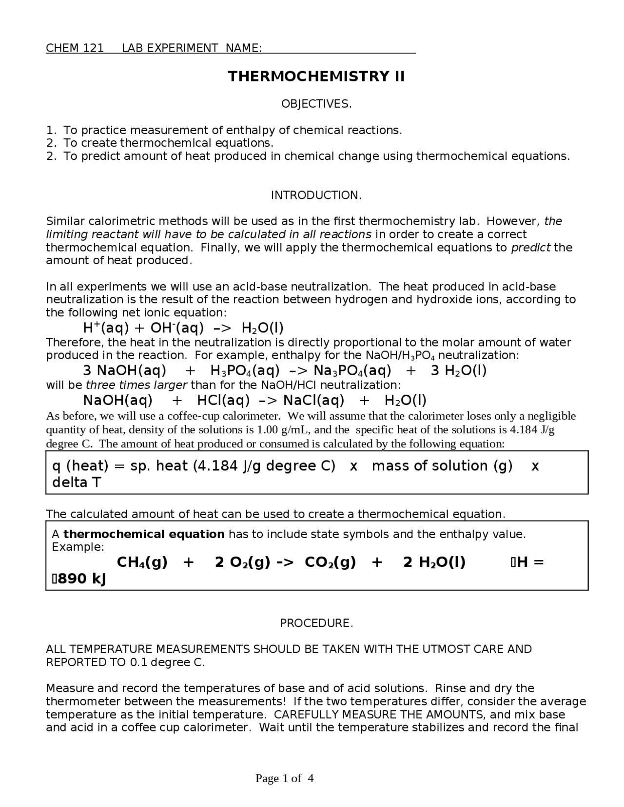 Thermochemistry Ii Laboratory Experiments Chem 121 Docsity