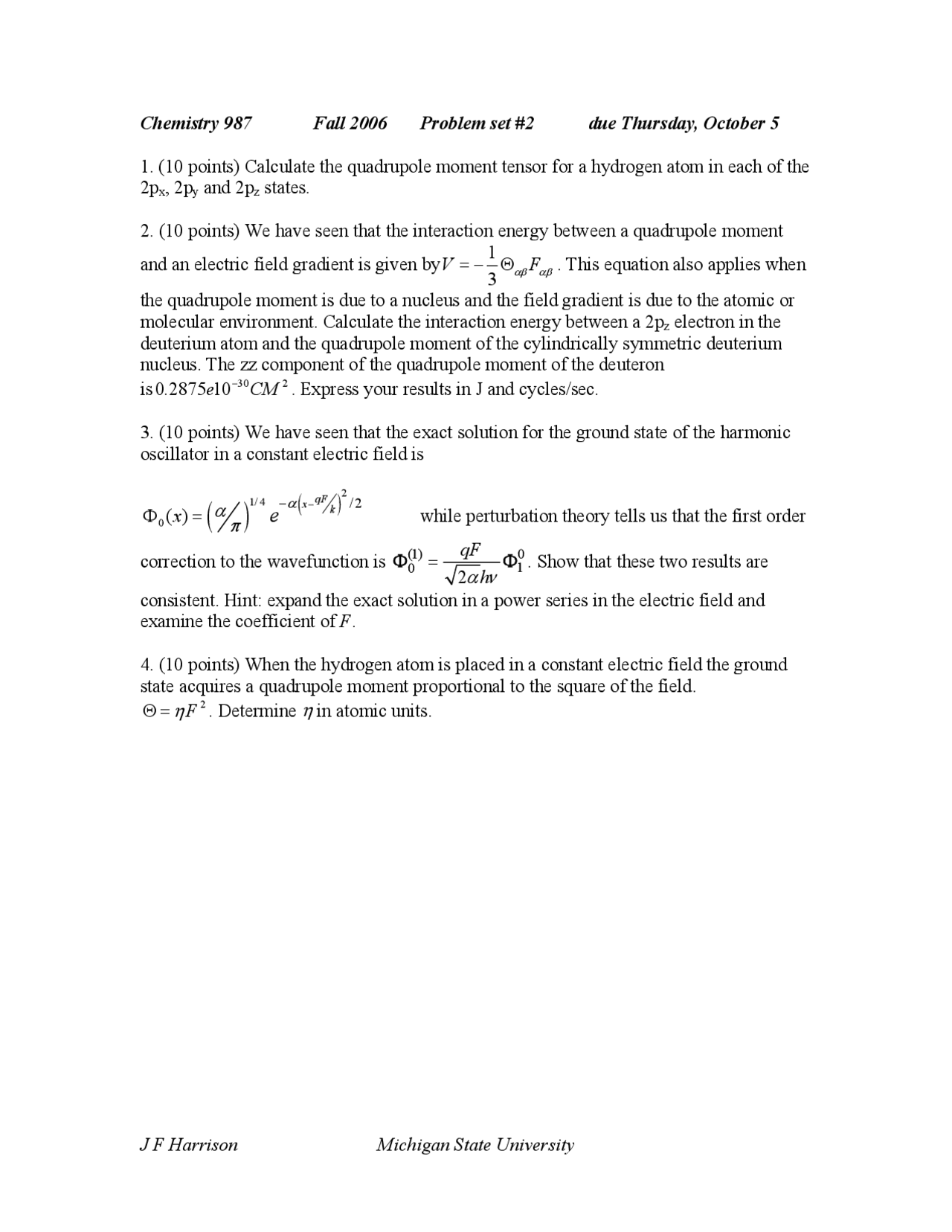 Homework Set 2 With 4 Problems On Physical Chemistry I Cem 987 Docsity