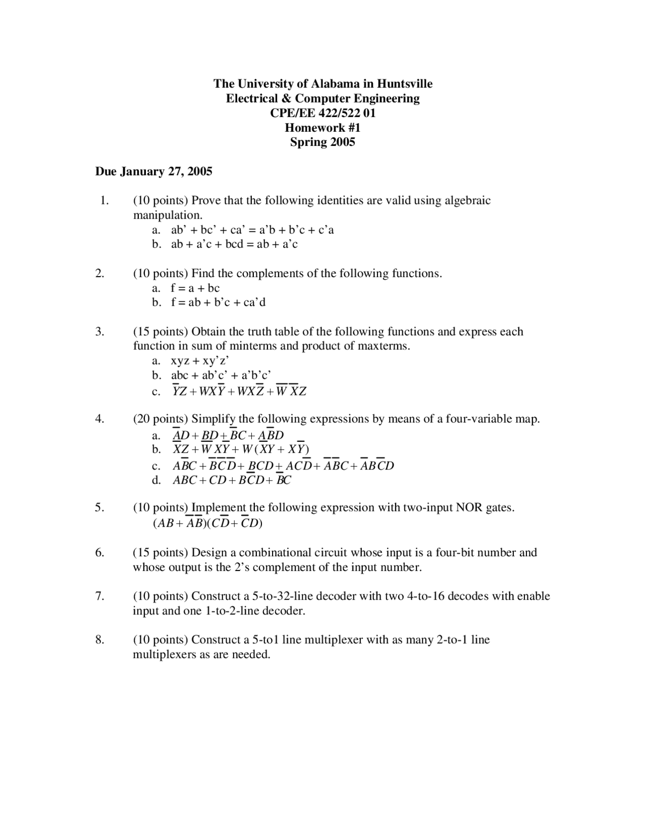 Homework 1 Practice Questions Advanced Logic Design Ee 422 Docsity