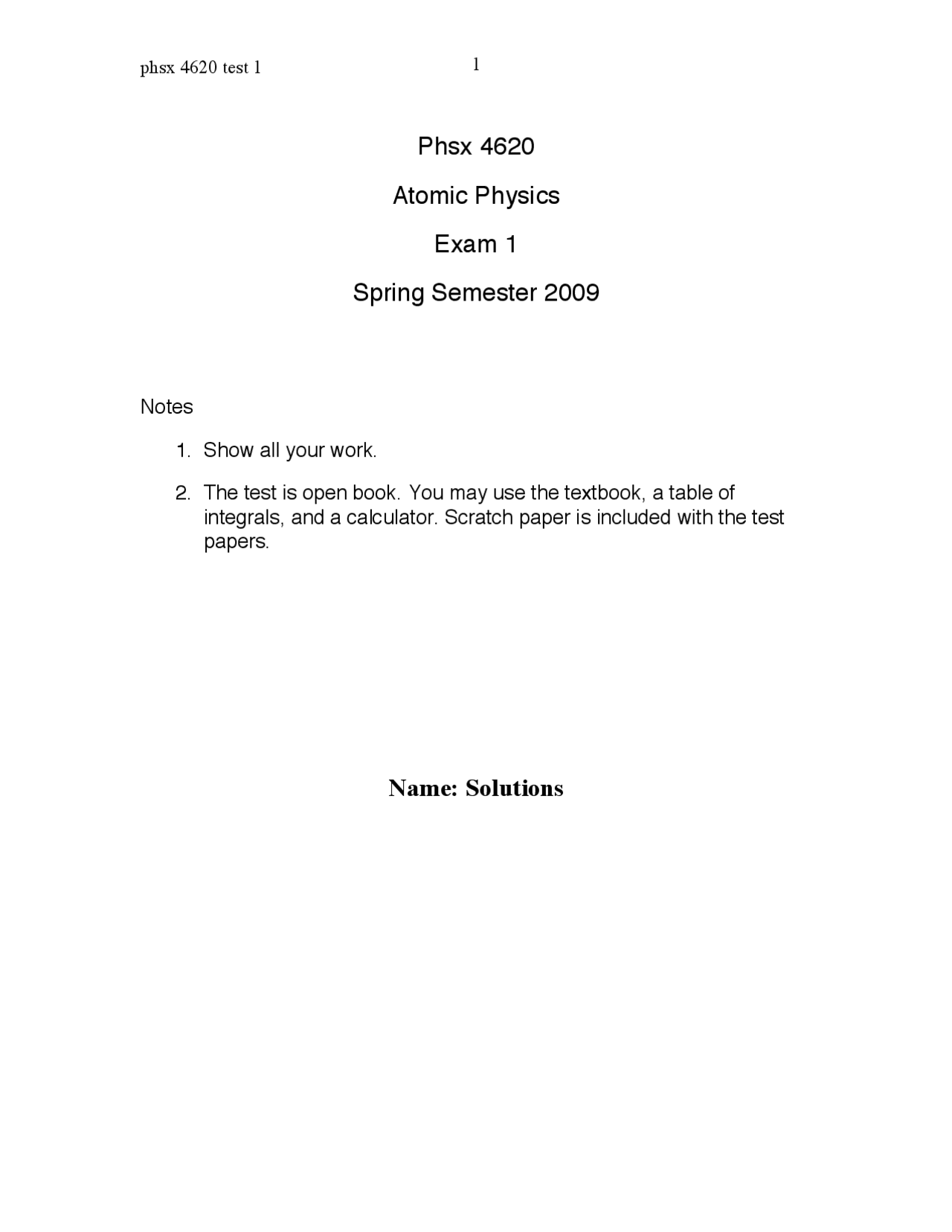 Solutions For Exam 1 Atomic Physics Phys 4620 Docsity