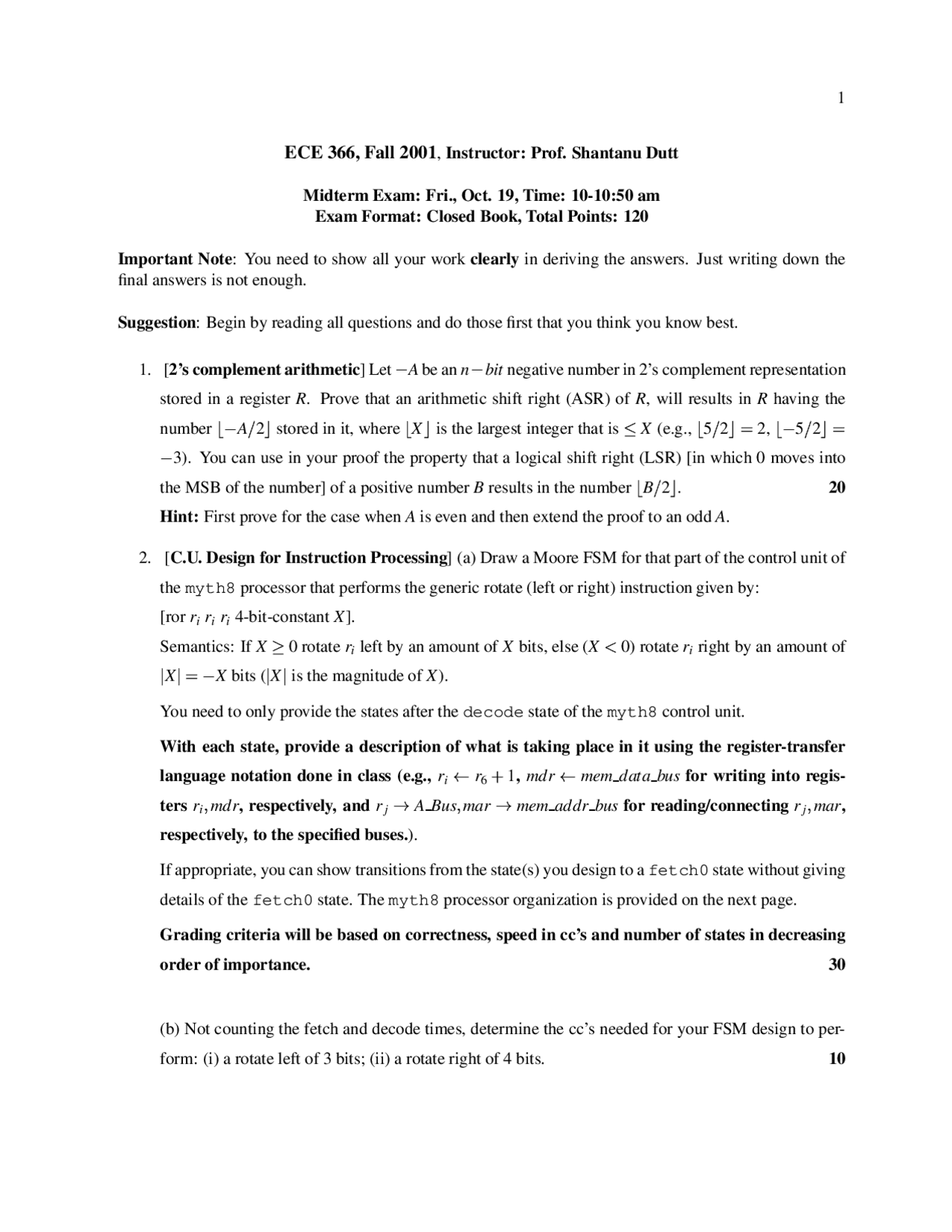 Practice Questions for Midterm Exam - Computer Organization II | ECE 366 - Docsity