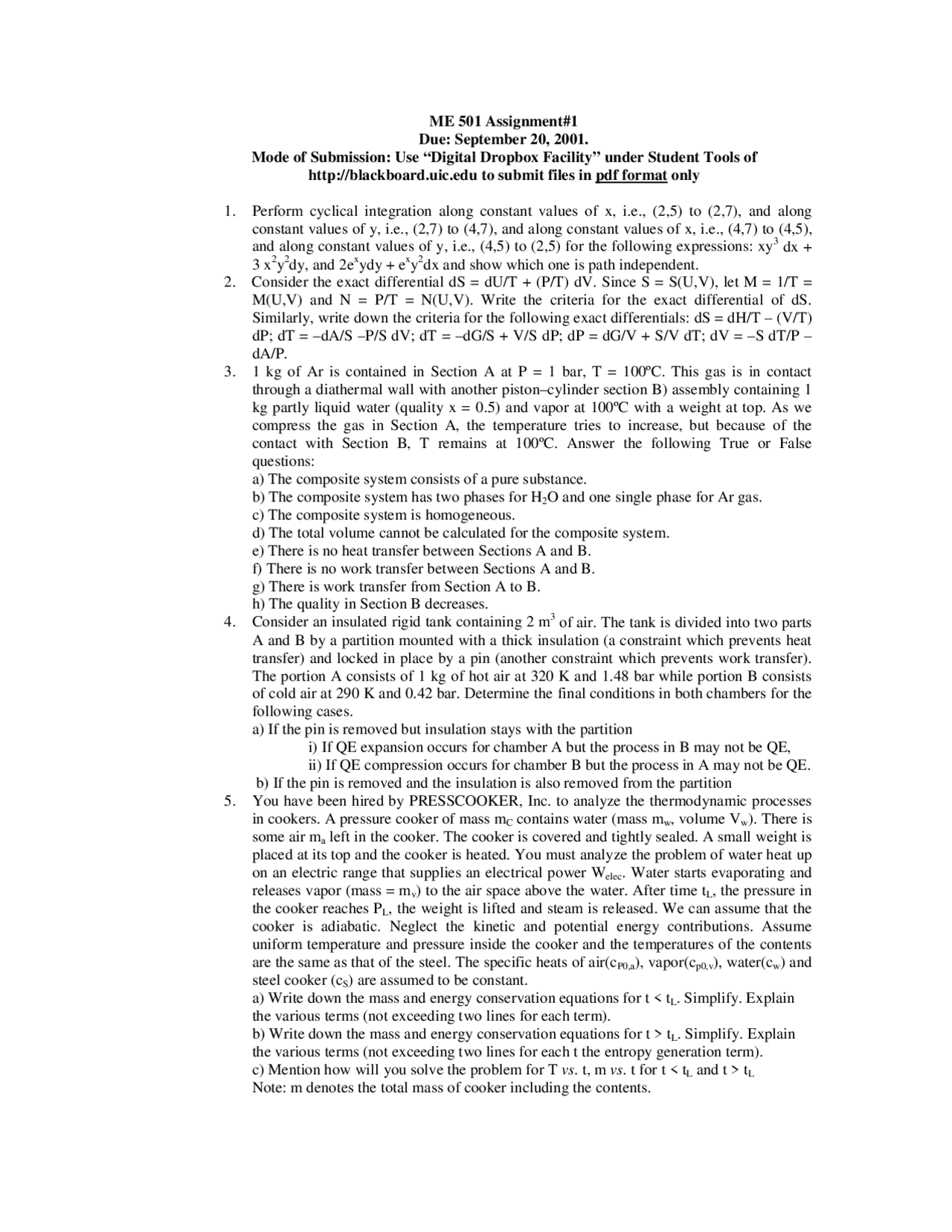 5 Questions For Assignment 1 Advanced Thermodynamics Me 501 Docsity