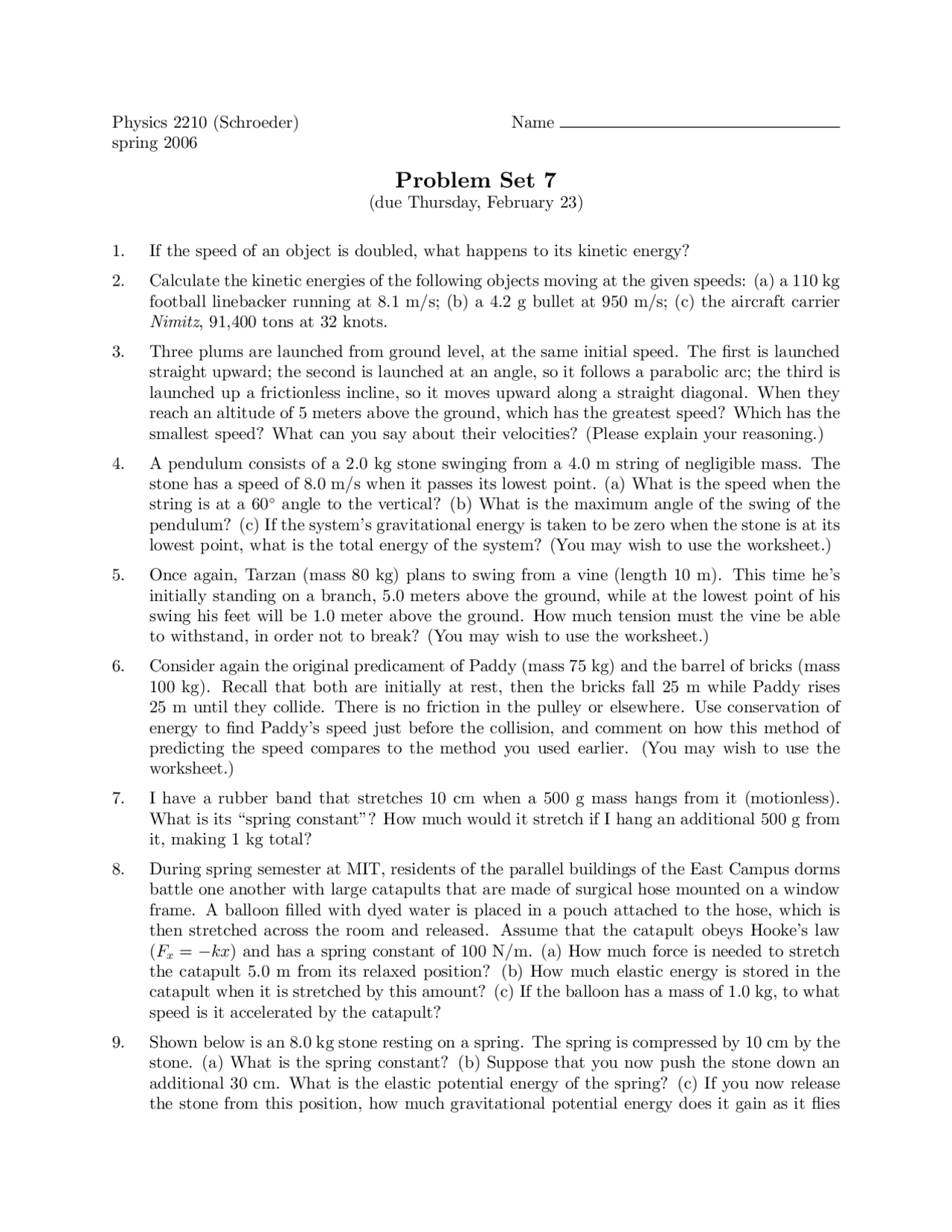 10 Problems On Kinetic Energy Problems Set 7 Phys 2210 Docsity