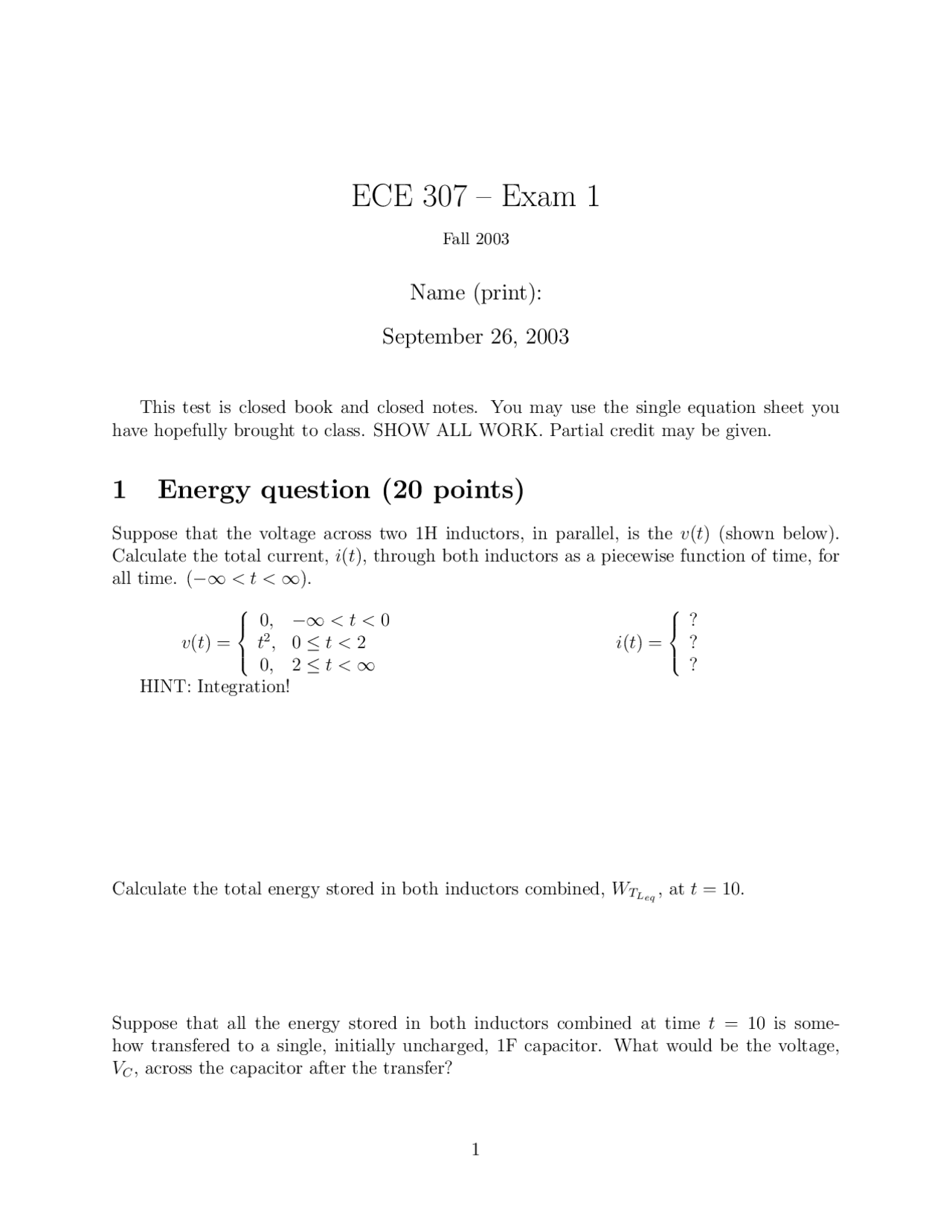 Basic Electrical Engineering - Exam 1 Questions | E C E 307 | Exams Electrical and Electronics ...