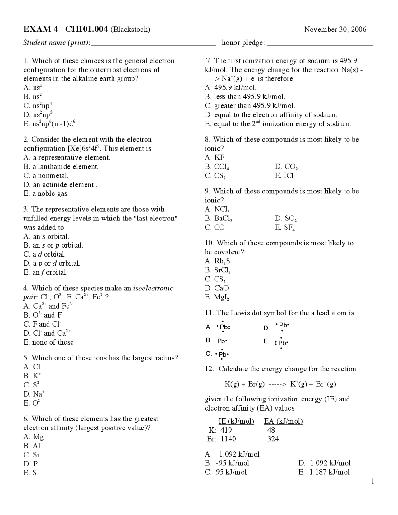 Chemical Bonding Exam Paper with Answer Key | General Chemistry | CH ...
