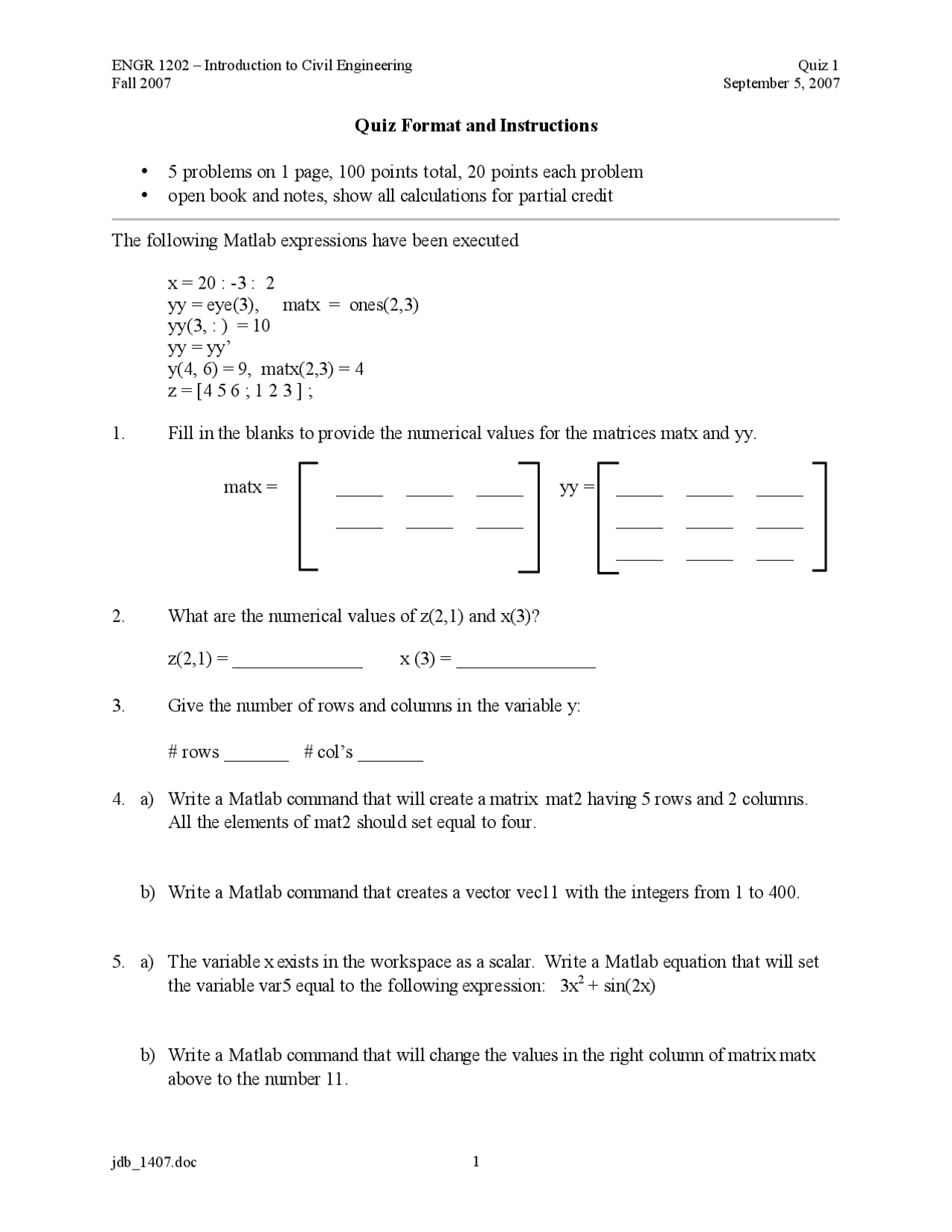 Quiz 1 For Introduction To Civil Engineering Engr 1202 Docsity