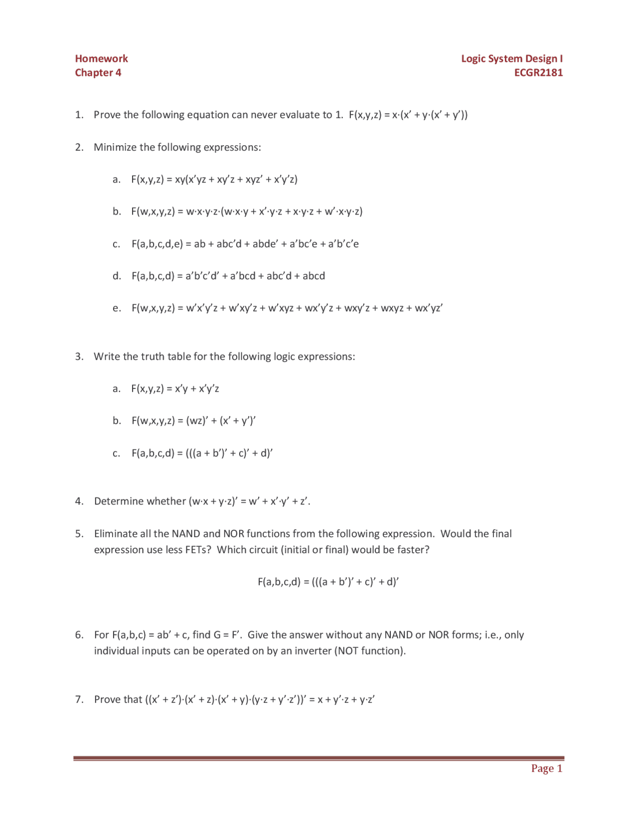 Homework 4 Questions For Logic System Design I Ecgr 2181 Docsity