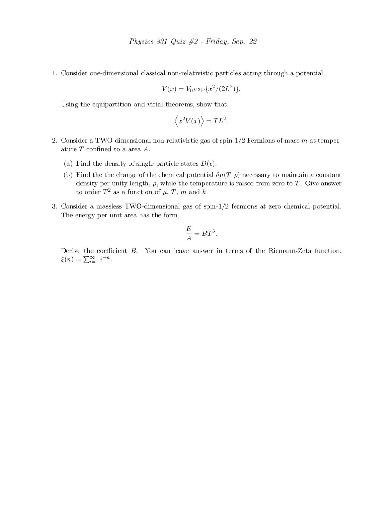 Practice Questions for Quiz 2 - Statistical Mechanics | PHY 831 - Docsity