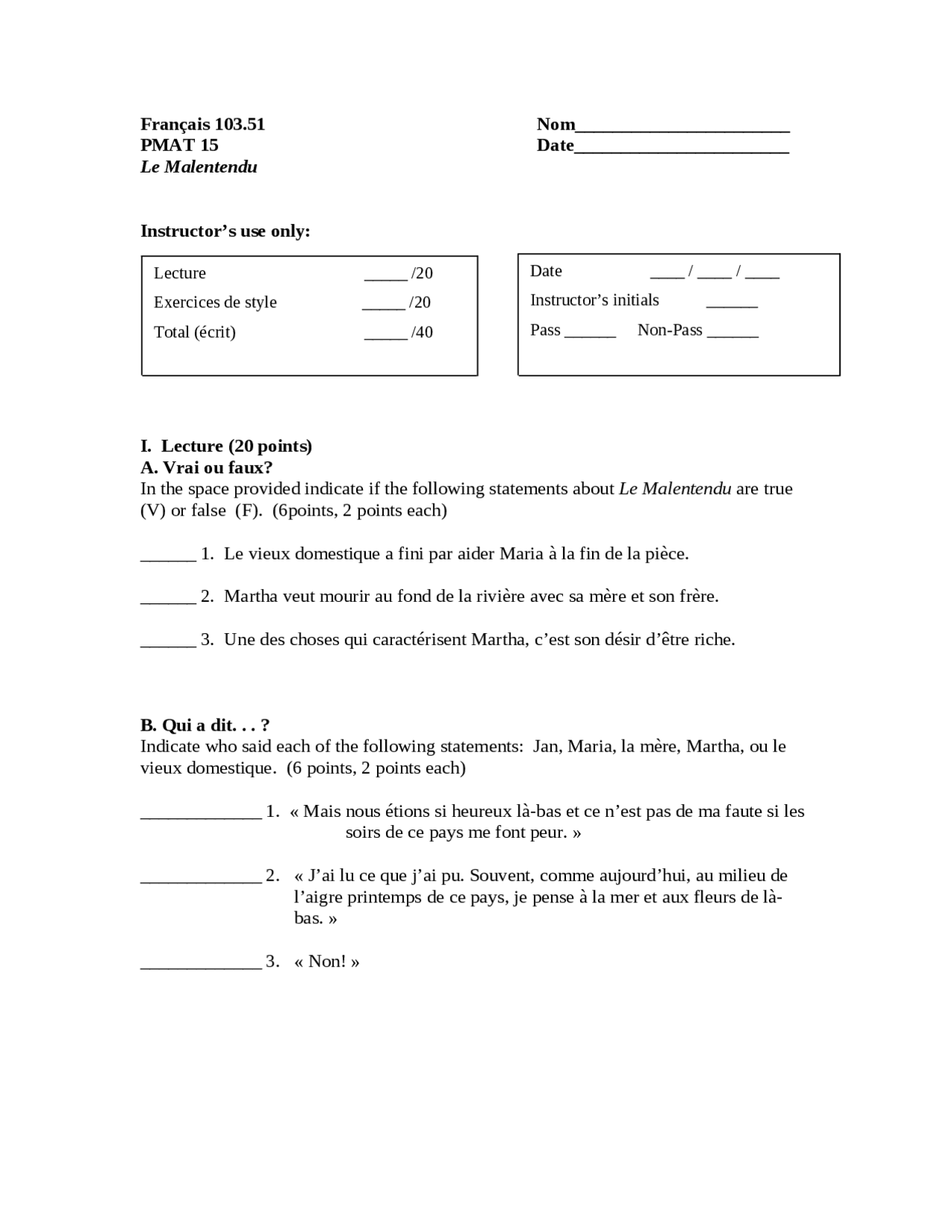Final Exam Questions for French Language | FRENCH 103 - Docsity