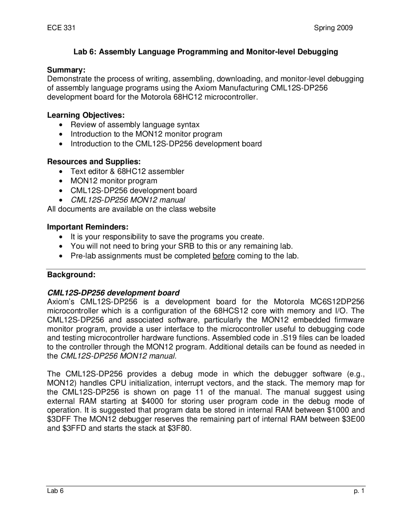 Assembly Language Programming And Monitor Level Debugging Ece 331 Docsity