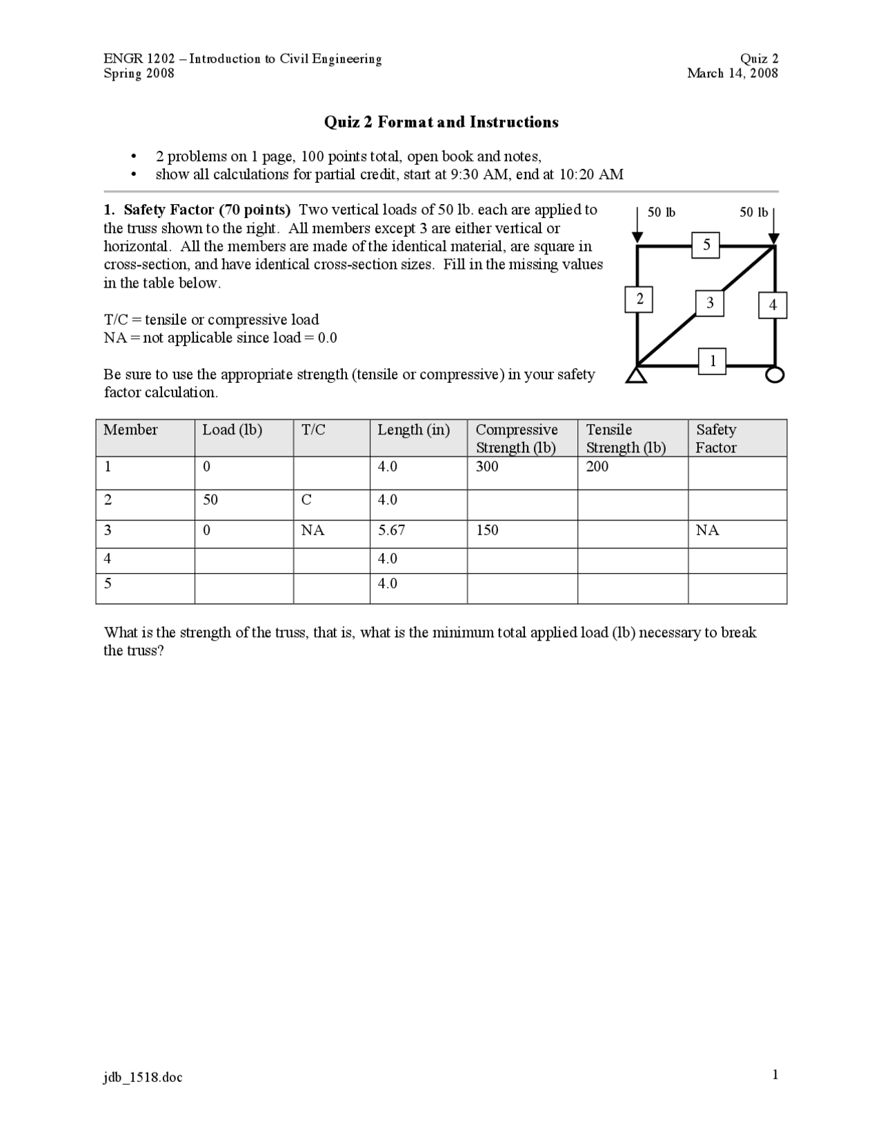 Quiz 2 Format And Instructions Introduction To Civil Engineering Engr 1202 Docsity