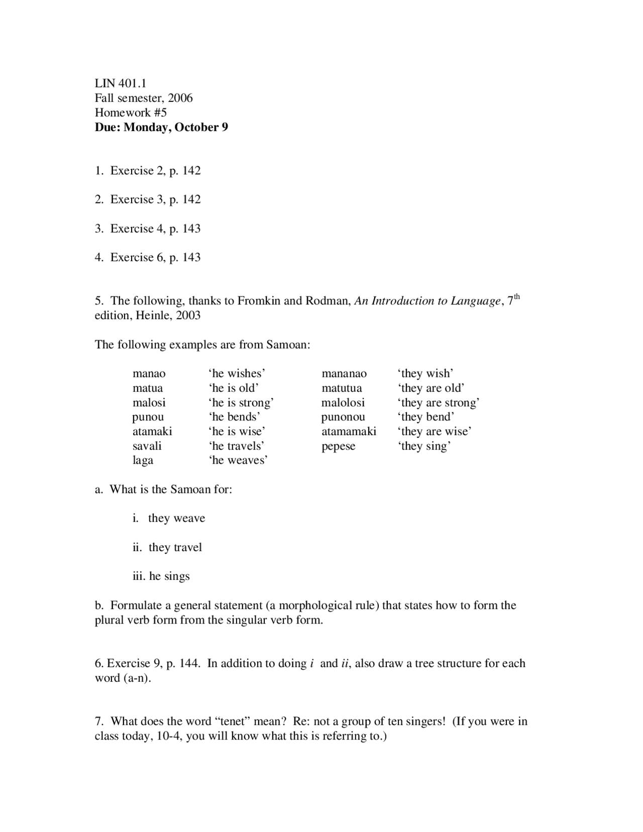 Homework Assignment 5 Introduction To Linguistics Lin 401 Assignments Linguistics Docsity