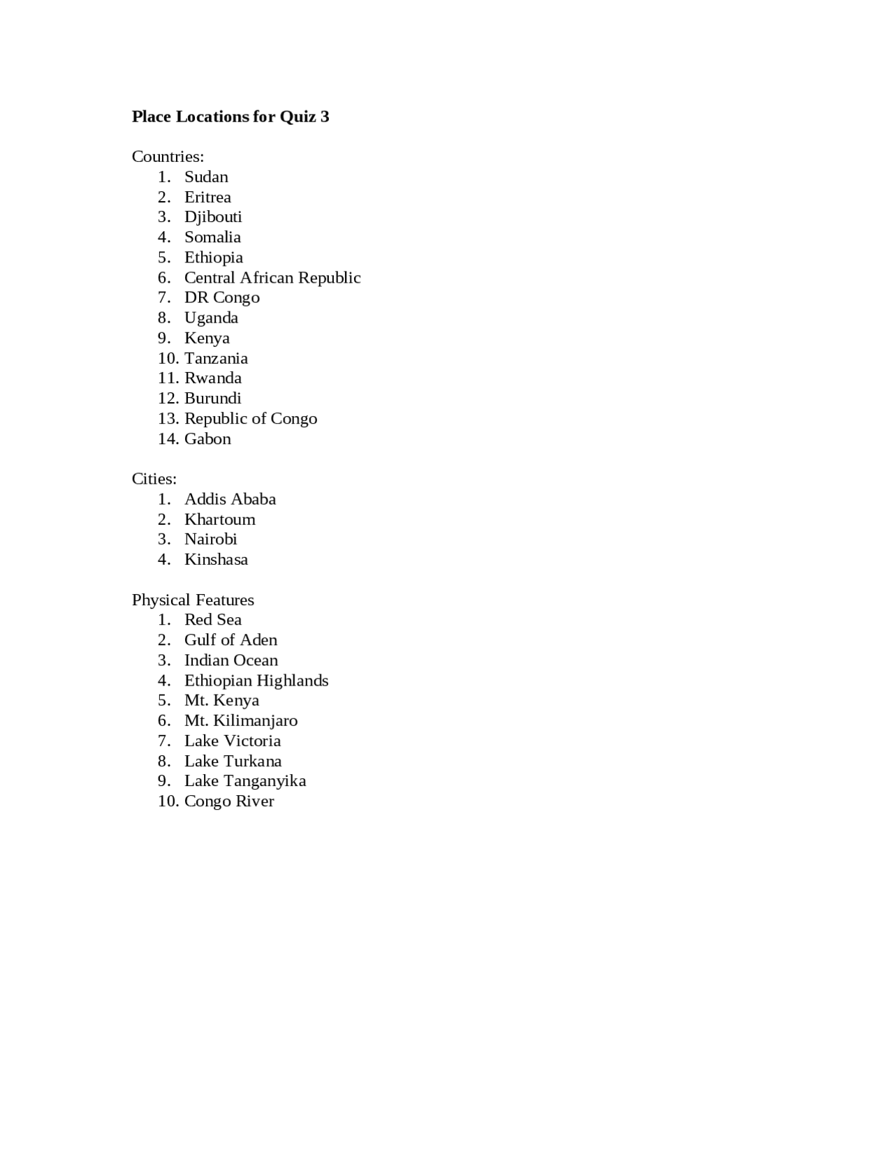 Locations for Quiz 3 on Geography and Culture of Africa | GEG 3050 ...