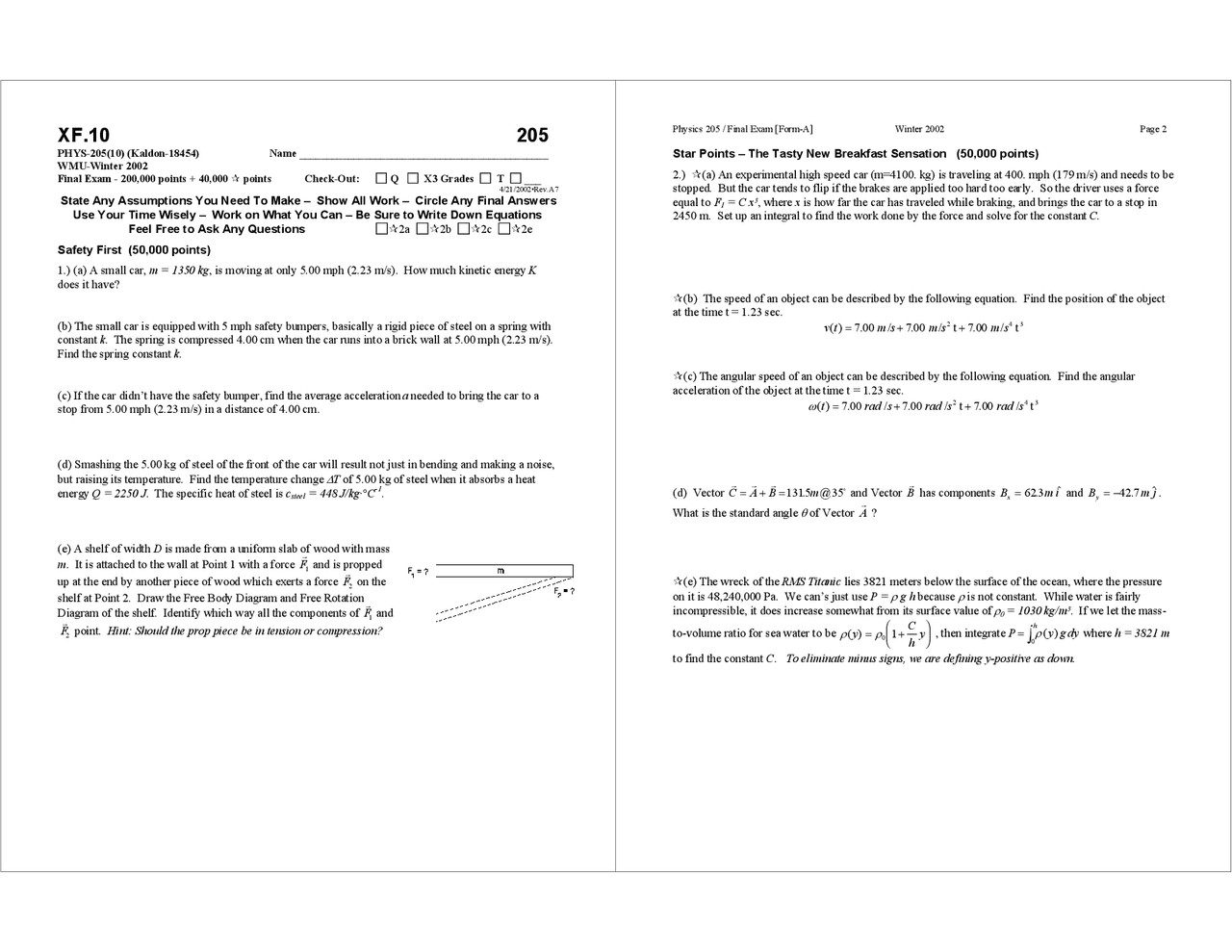 Practice Final Exam University Physics I Phys 2050 Docsity