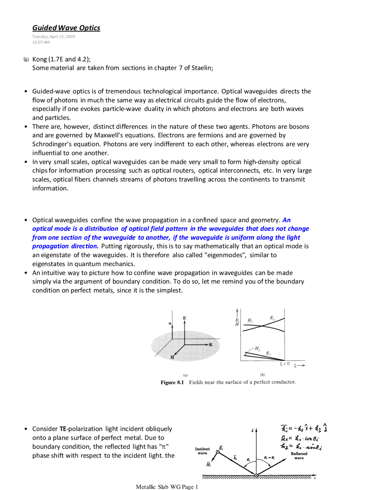 Guided Wave Optics - Electromagnetic Waves | OPTI 6104 - Docsity