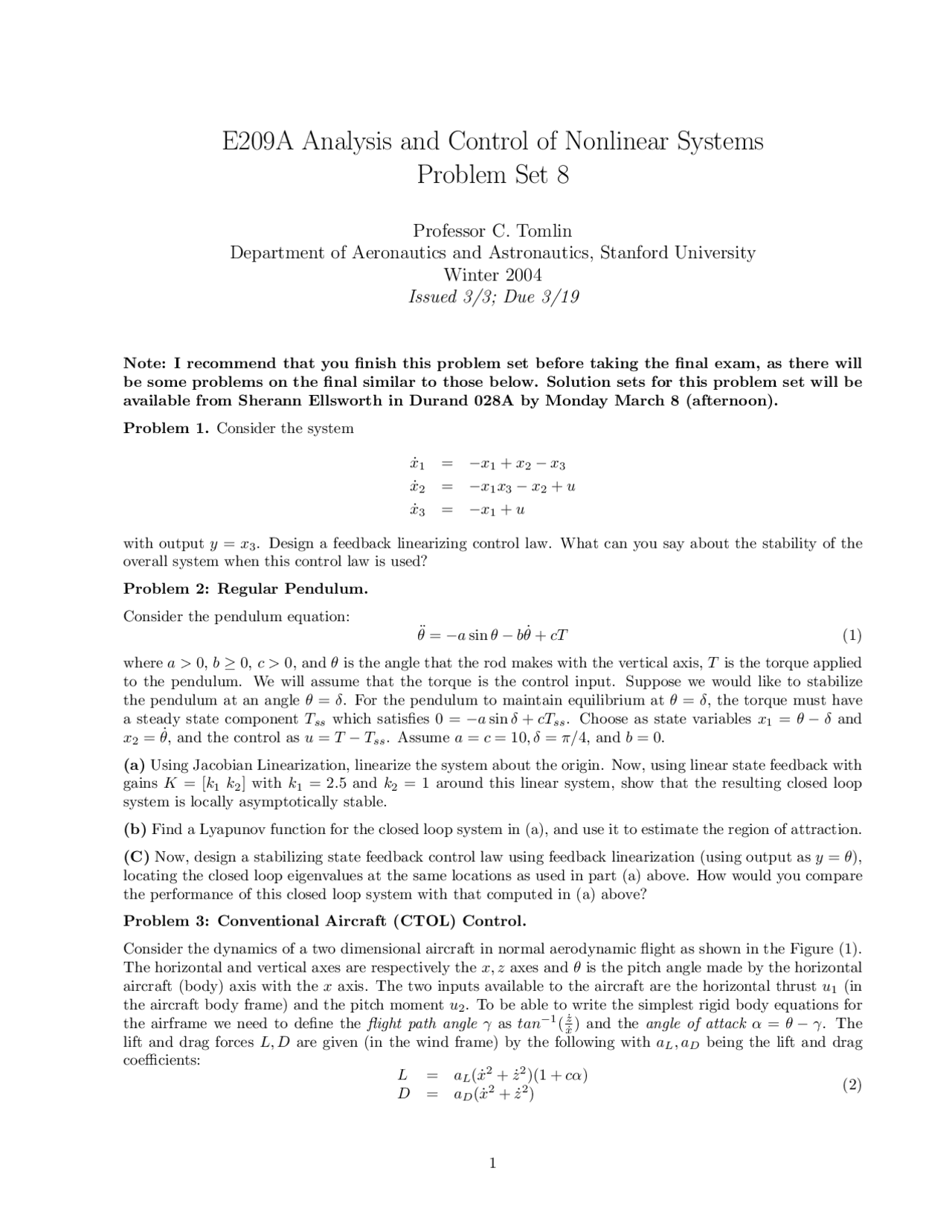 Analysis And Control Of Nonlinear Systems Problem Set 8 E C E 874