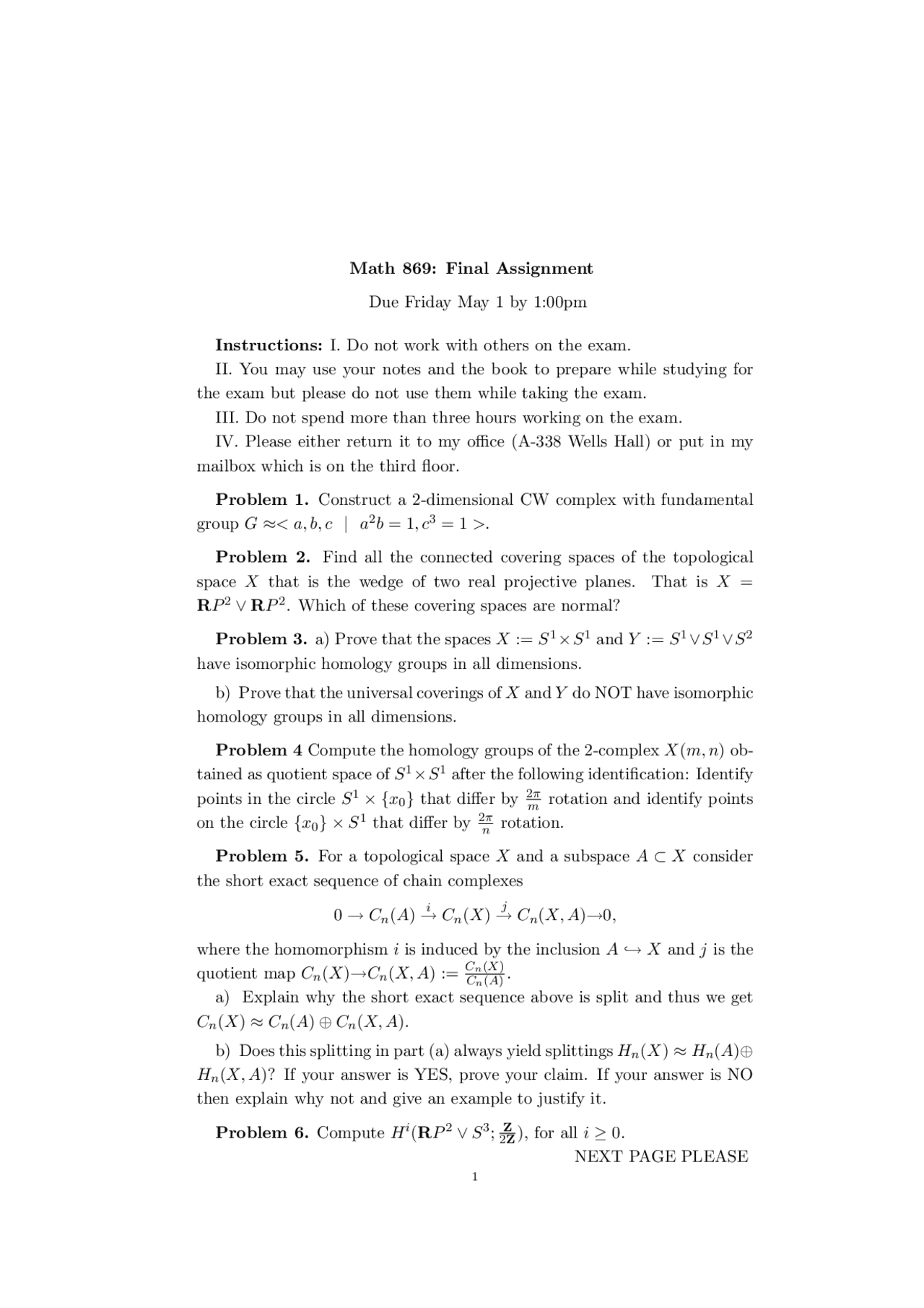7 Problems On Geometry And Topology Ii Final Assignment Mth 869