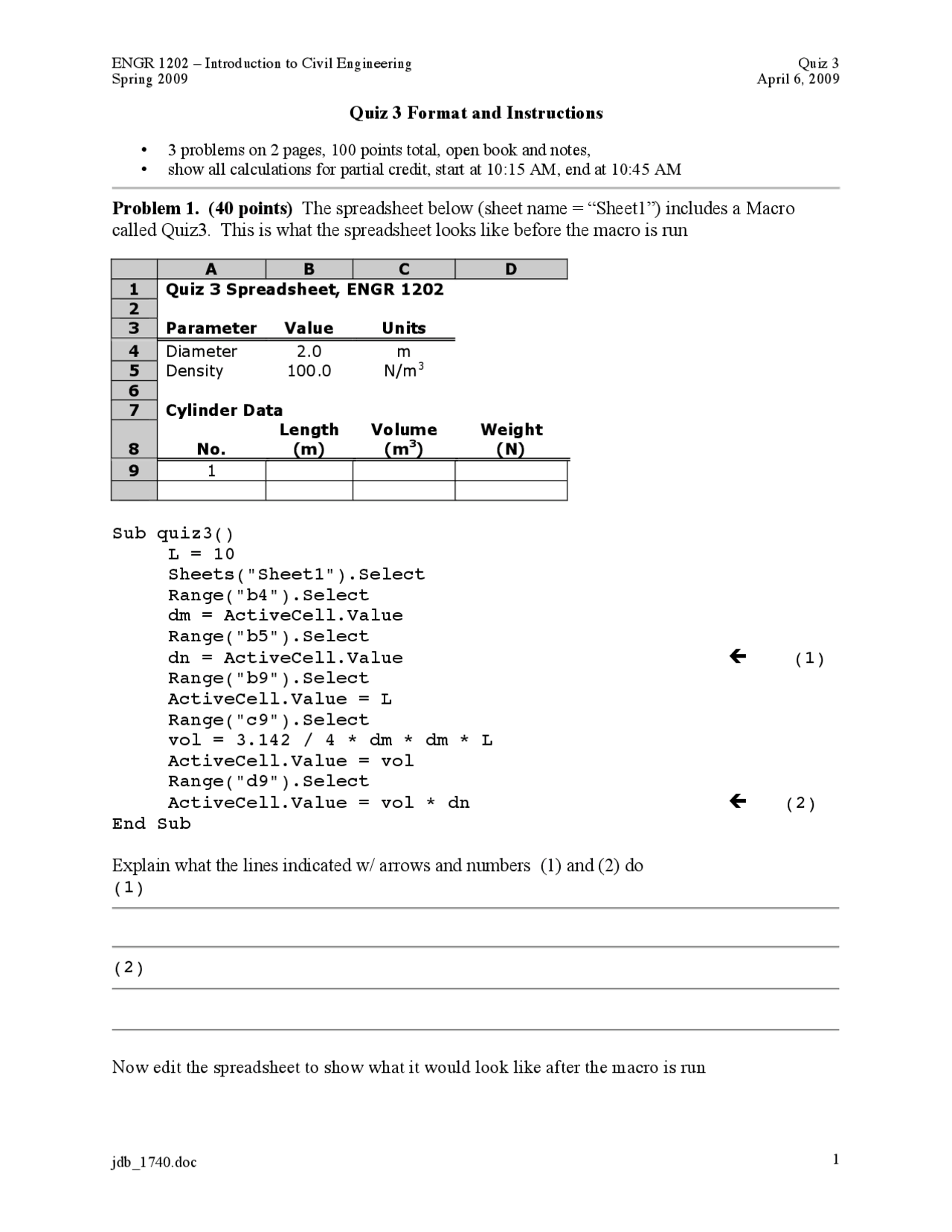 Spreadsheet Quiz 3 Introduction To Civil Engineering Engr 1202