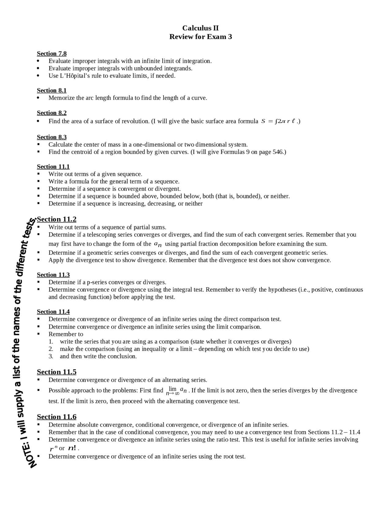 Review Sheet For Examination 3 Calculus Ii Math 2214 Docsity