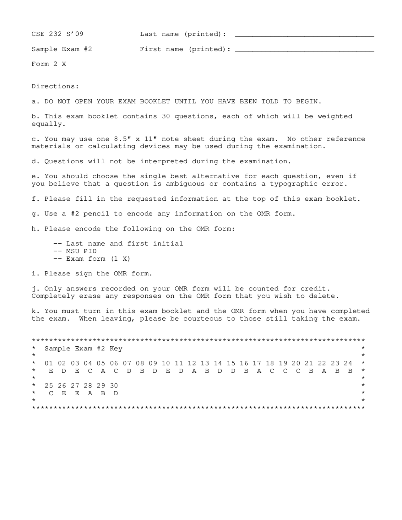 Solved Problems on Introduction to Programming II - Sample Exam 2 | CSE 232 | Exams Computer ...