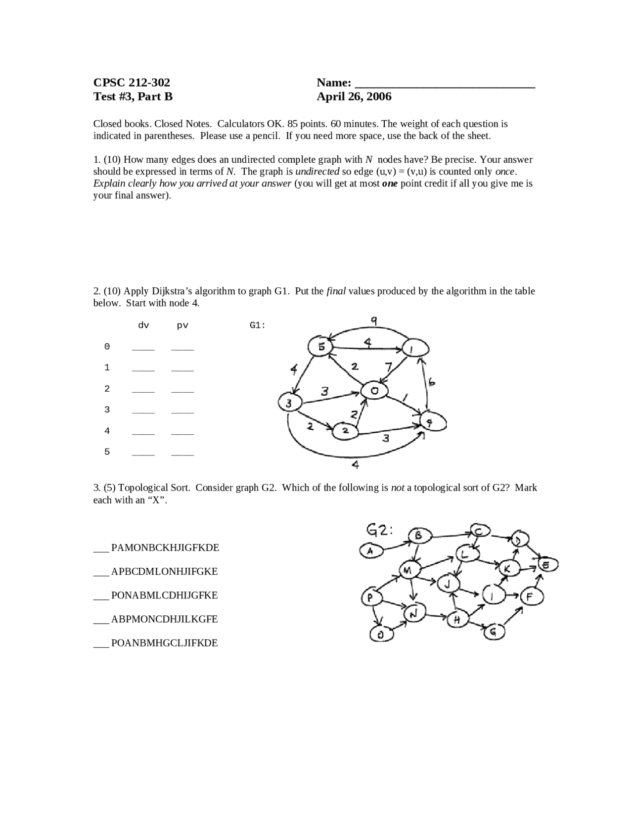 Test 3 Part B Algorithms Data Structures Cp Sc 212 Docsity