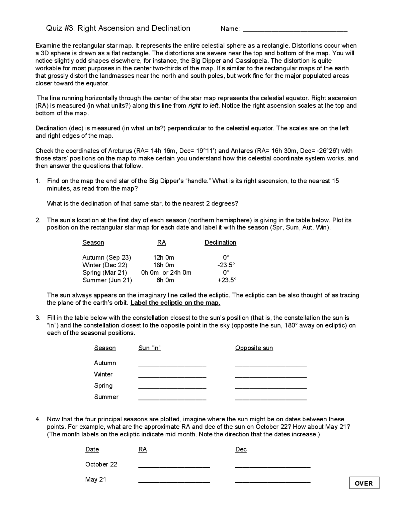 Quiz 3 Right Ascension And Declination The Celestial Clockworks