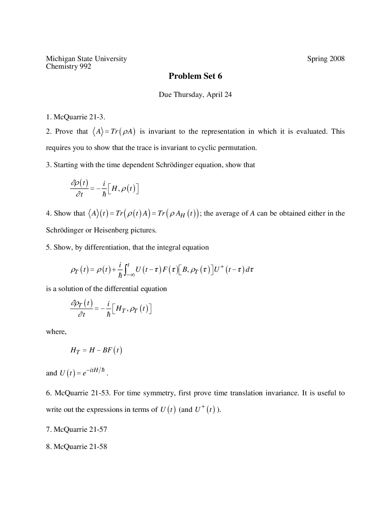 Problem Set 6 Quantum Chemistry And Statistics Thermodynamics Ii