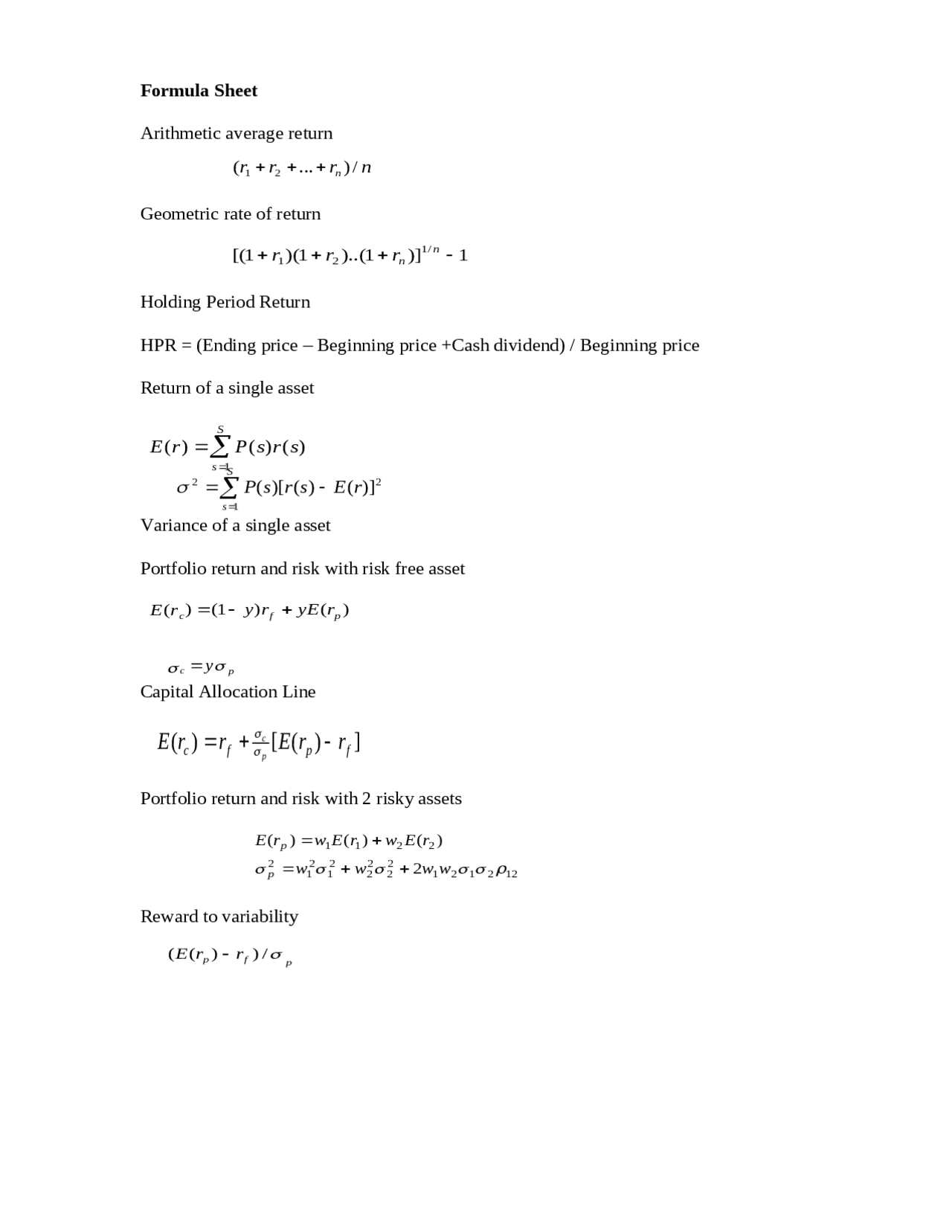 Formula Sheet, Arithmetic Average Return - Investments | FIR 3710 - Docsity