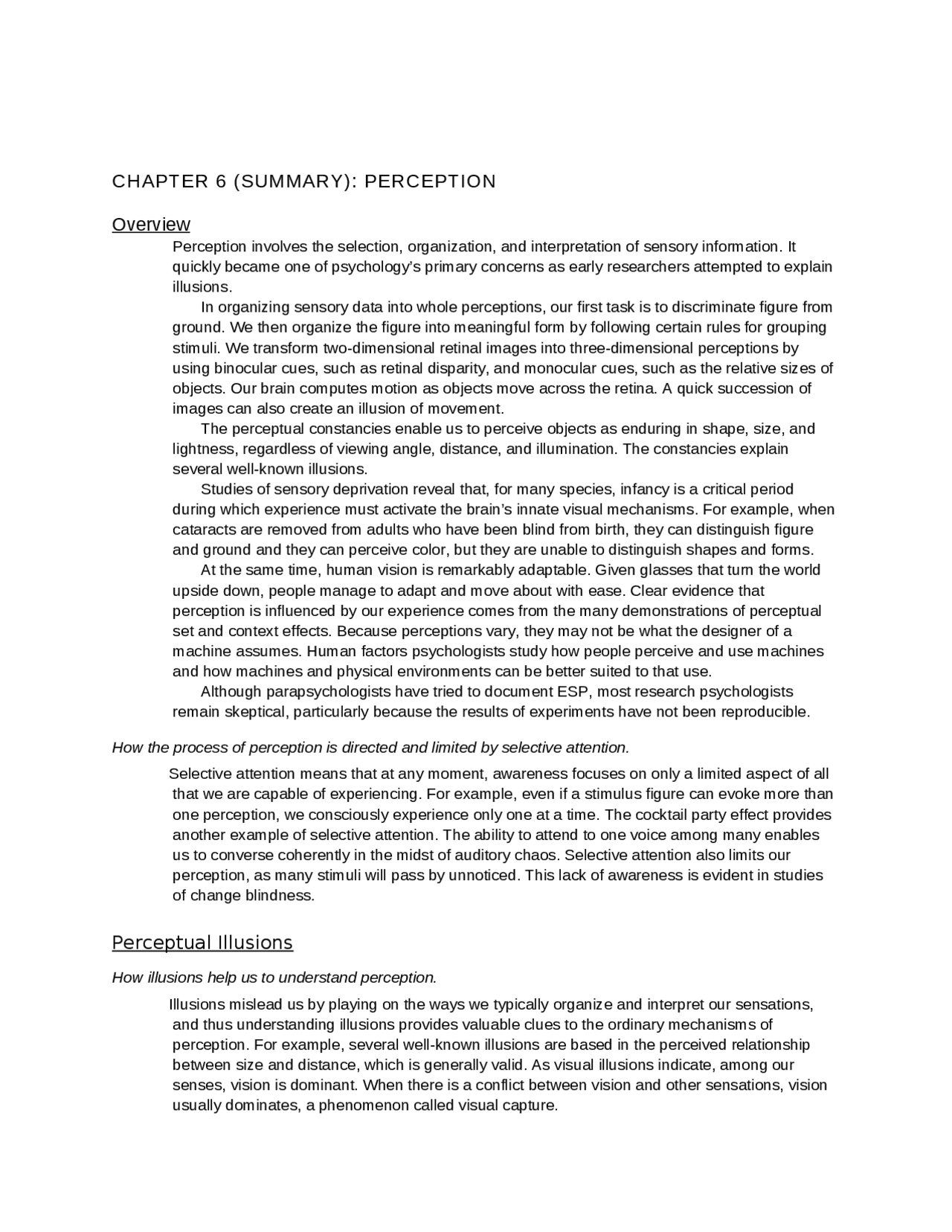 Chapter 6 Summary Perception Introductory Psychology Psy 101