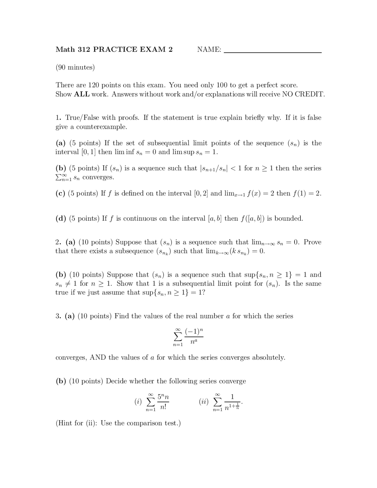 Math 312 Practice Exam 2: Limits, Sequences, and Series | Exams ...