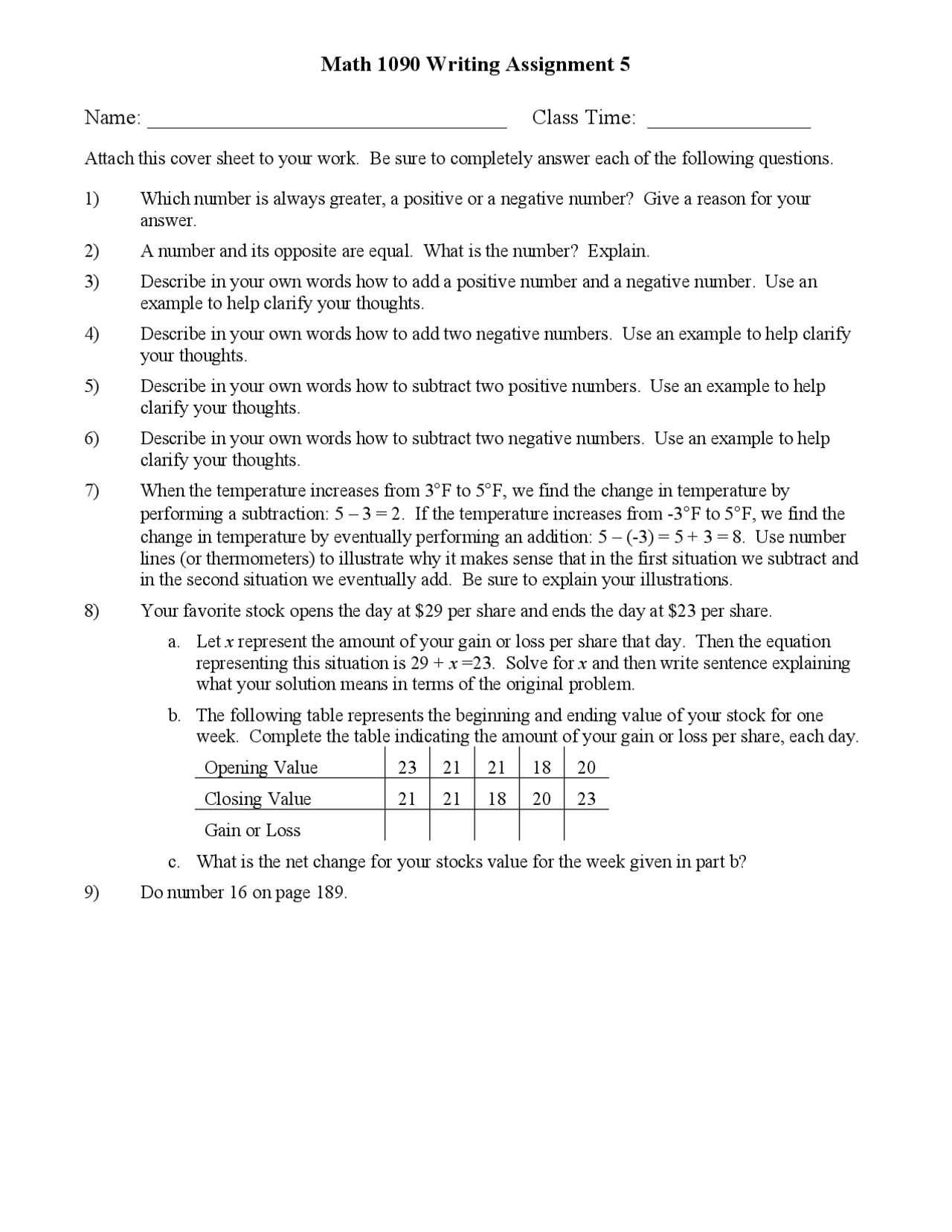 Writing Assignment 5 for Pre-Algebra | MATH 1090 - Docsity