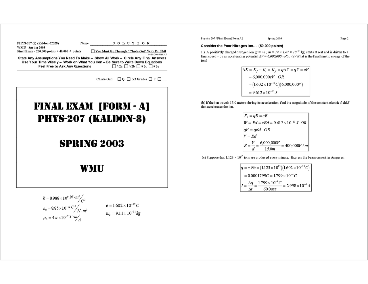Solutions For Final Exam University Physics Ii Phys 2070 Docsity