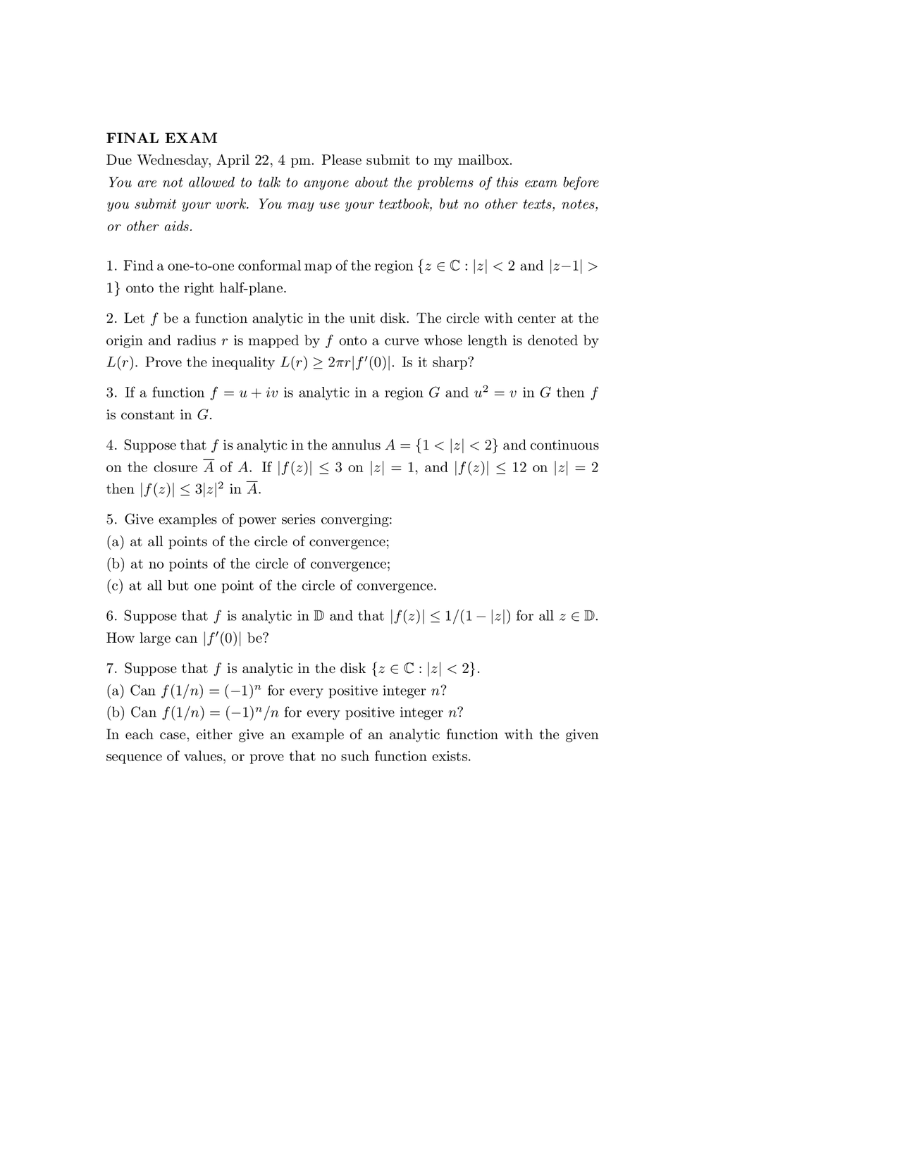 7 Problems Final Exam Complex Analysis Math 6760 Docsity