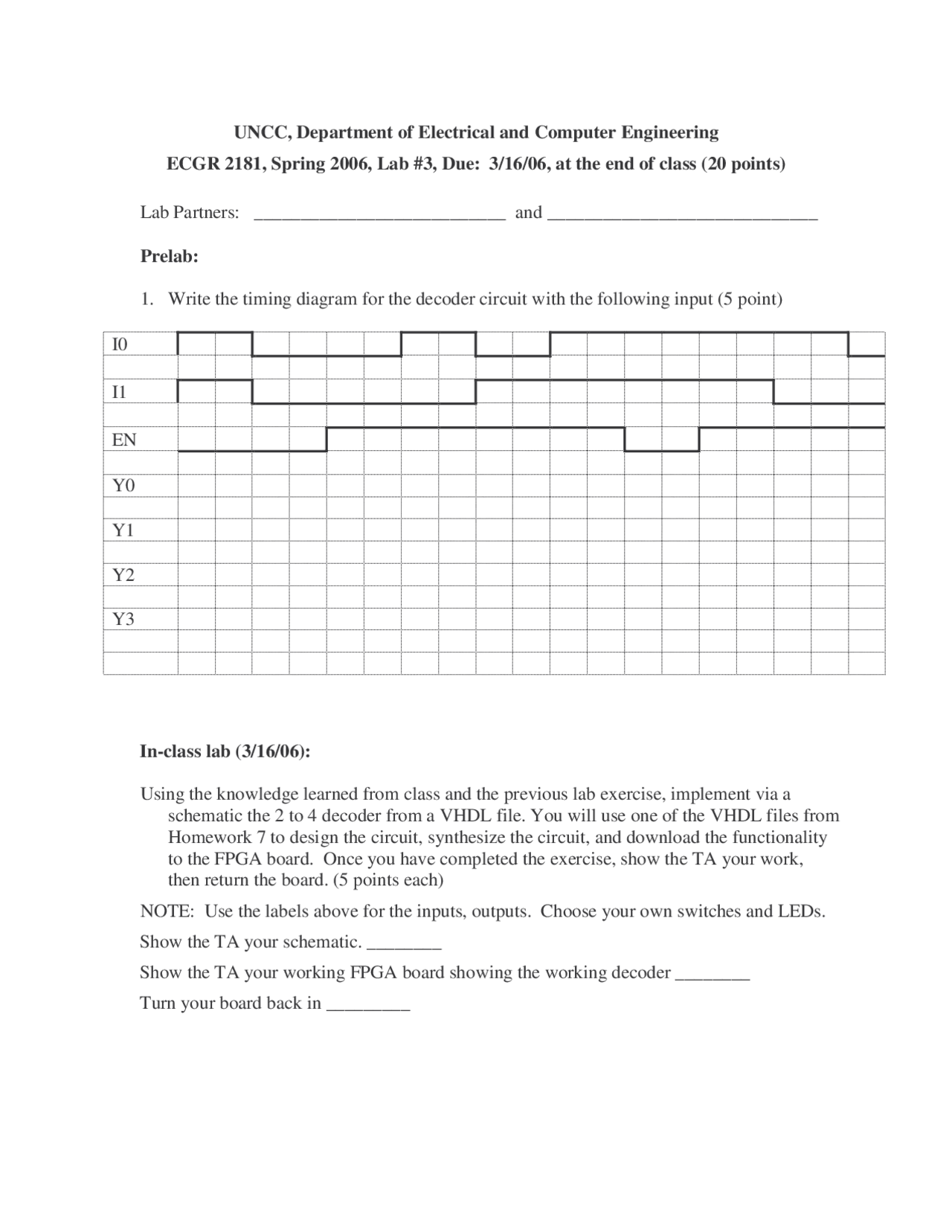 Lab 3 For Logic System Design I Spring 2006 Ecgr 2181 Docsity