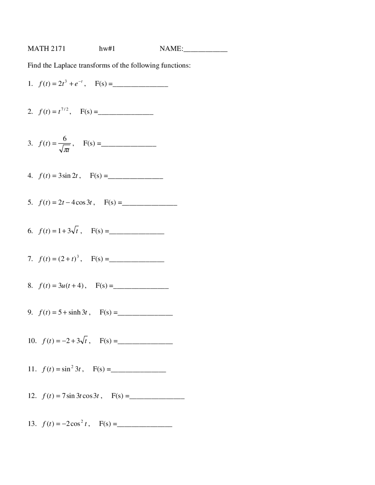 27 Questions On Laplace Transforms Functions Homework Math 2171